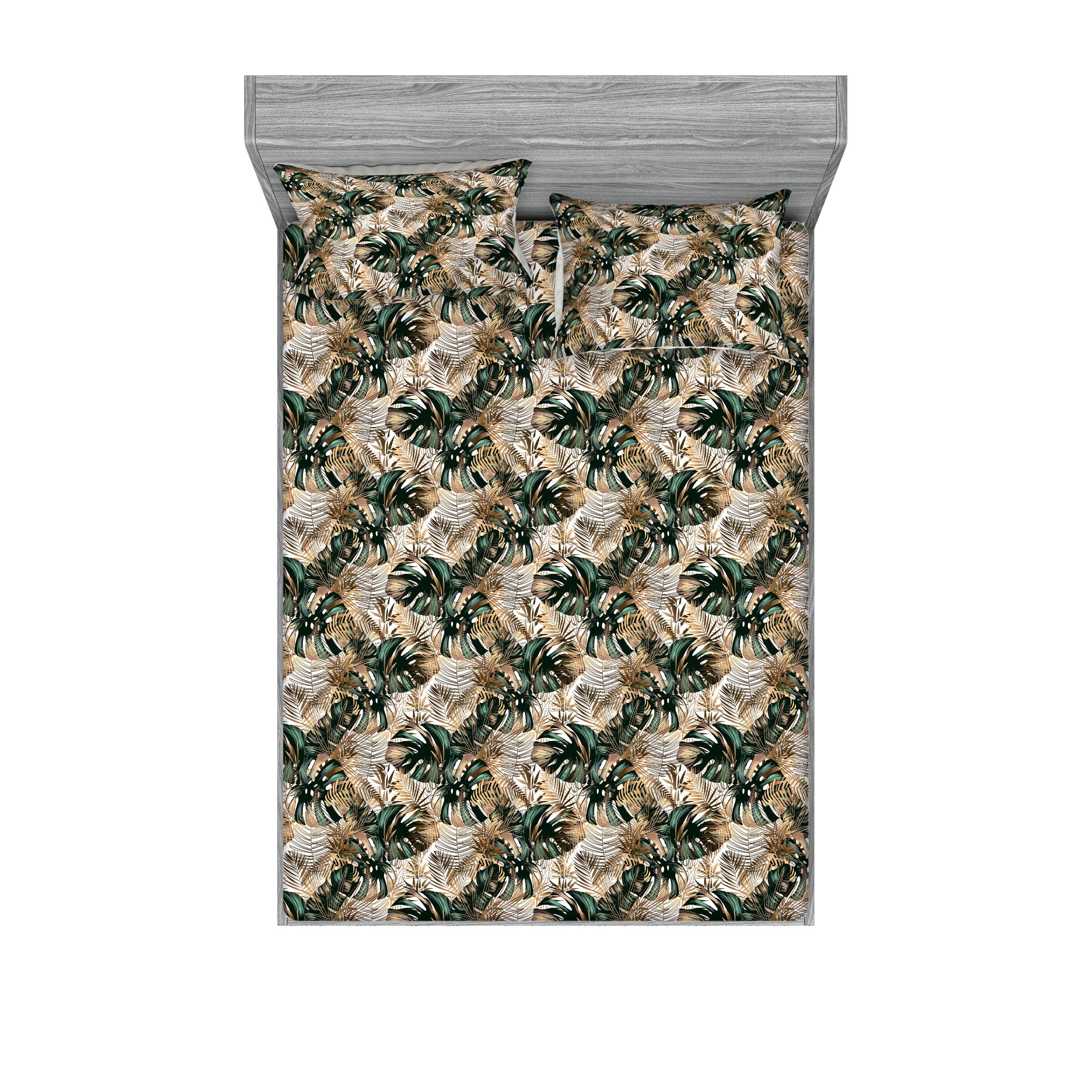 Nature Fitted Sheet & Pillow Sham Set, Exotic Theme Digital Drawn Leaf ...