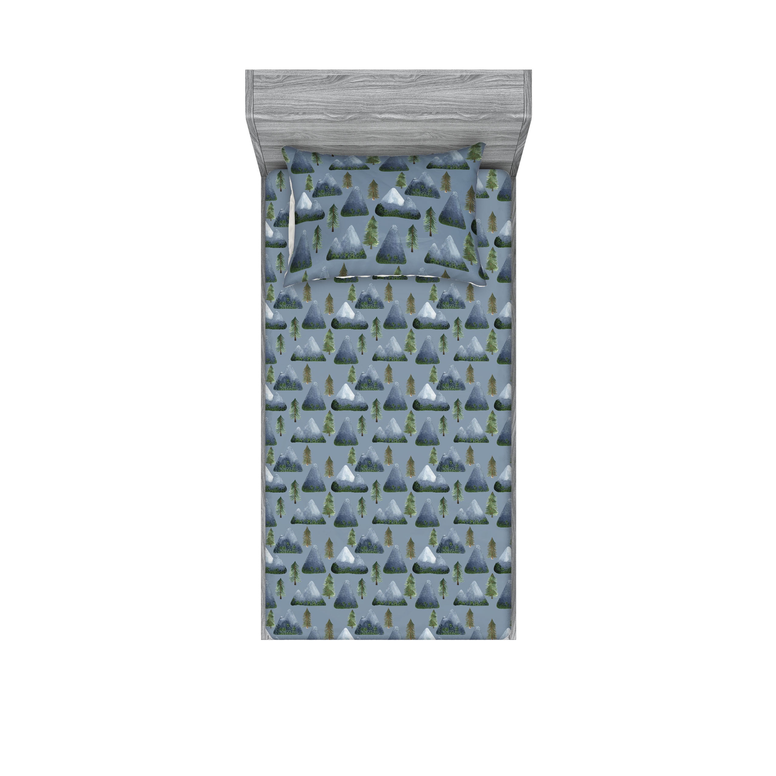 Nature Fitted Sheet & Pillow Sham Set, Forest Inspired Mountain ...