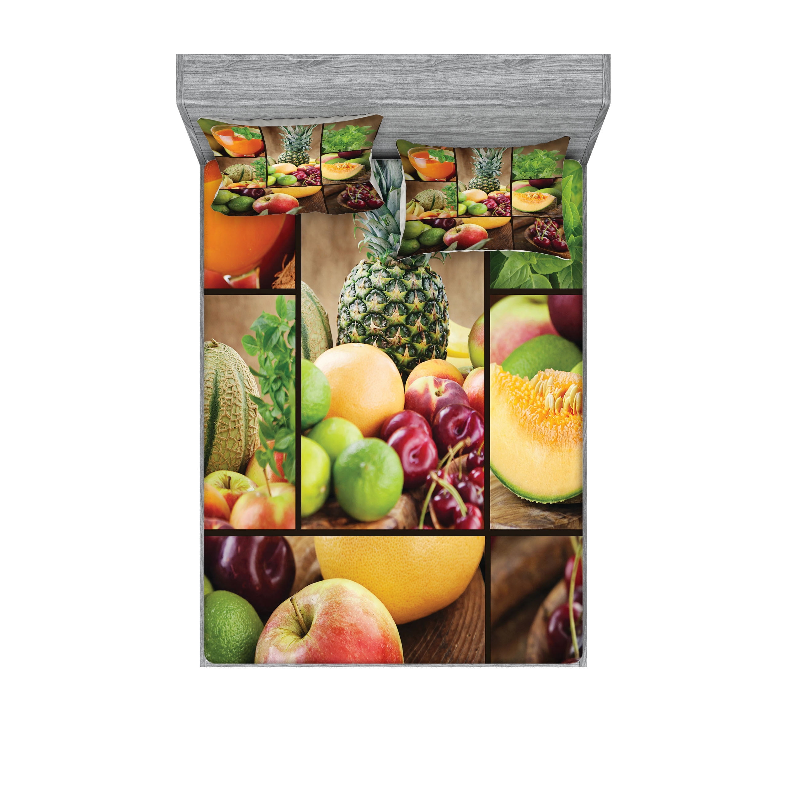 Nature Fitted Sheet & Pillow Sham Set, Fruits Salad Themed Watermelon ...