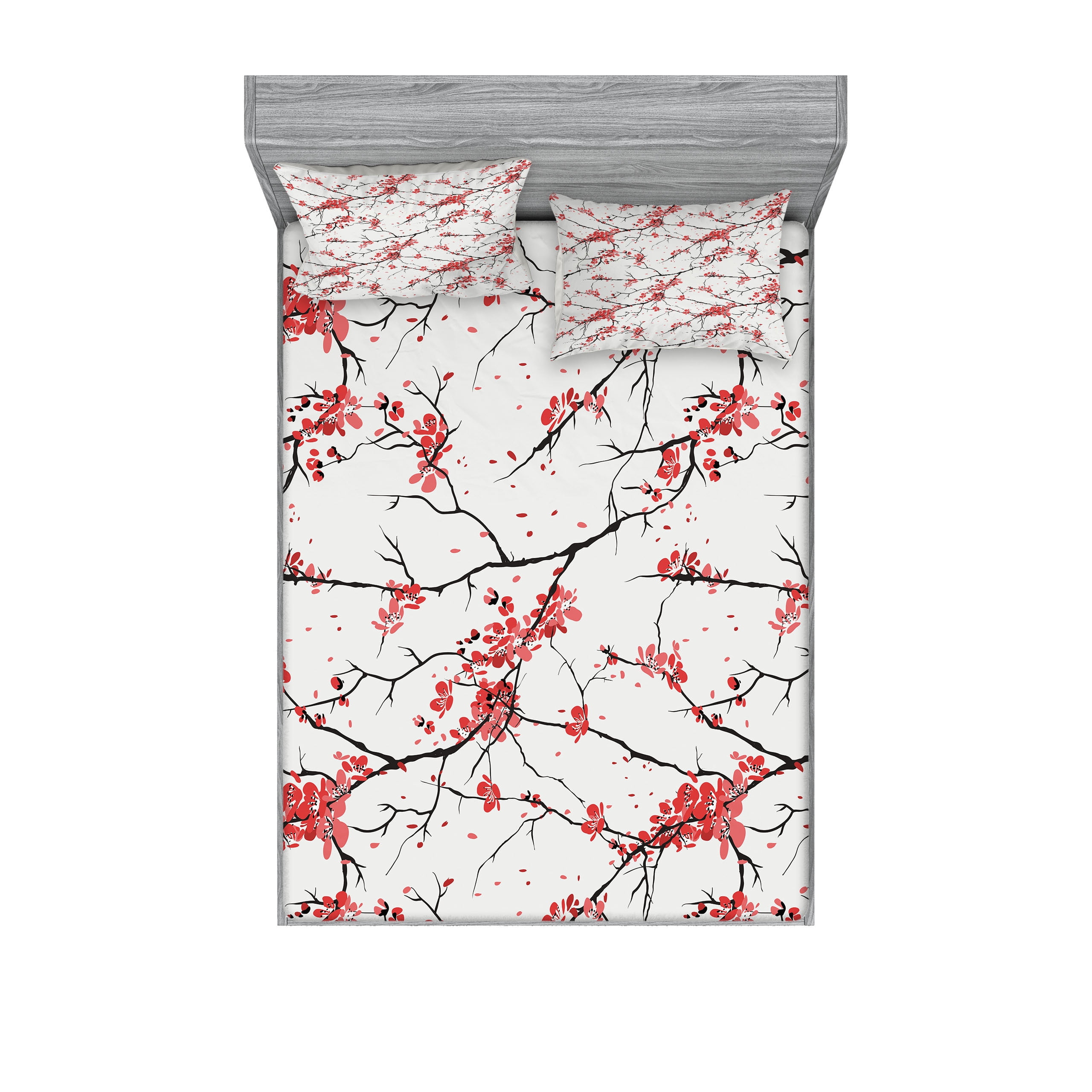 Nature Fitted Sheet & Pillow Sham Set, Illustration of Sakura Branches Windy April Weather in ...