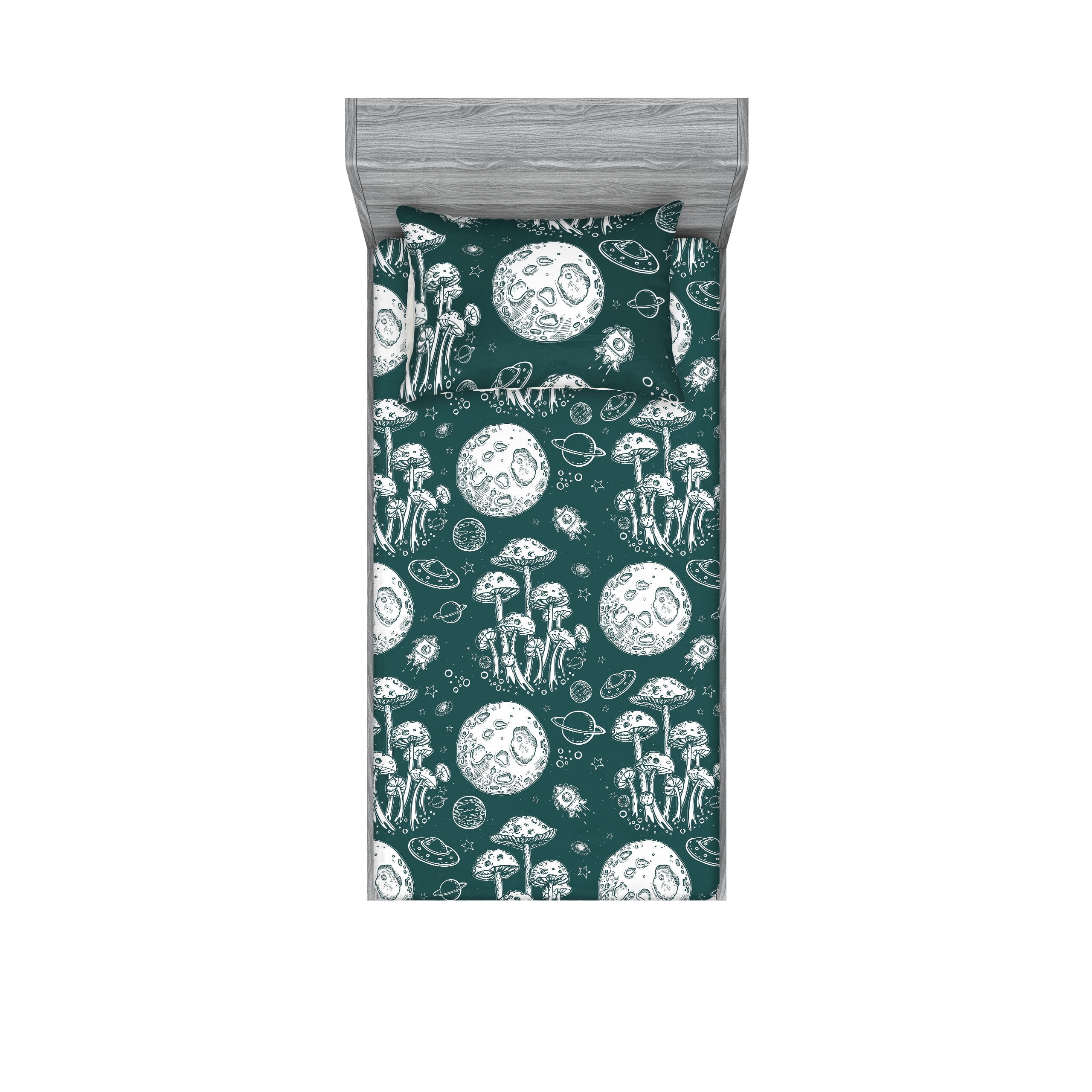 Nature Fitted Sheet & Pillow Sham Set, Space Theme Illustrated ...