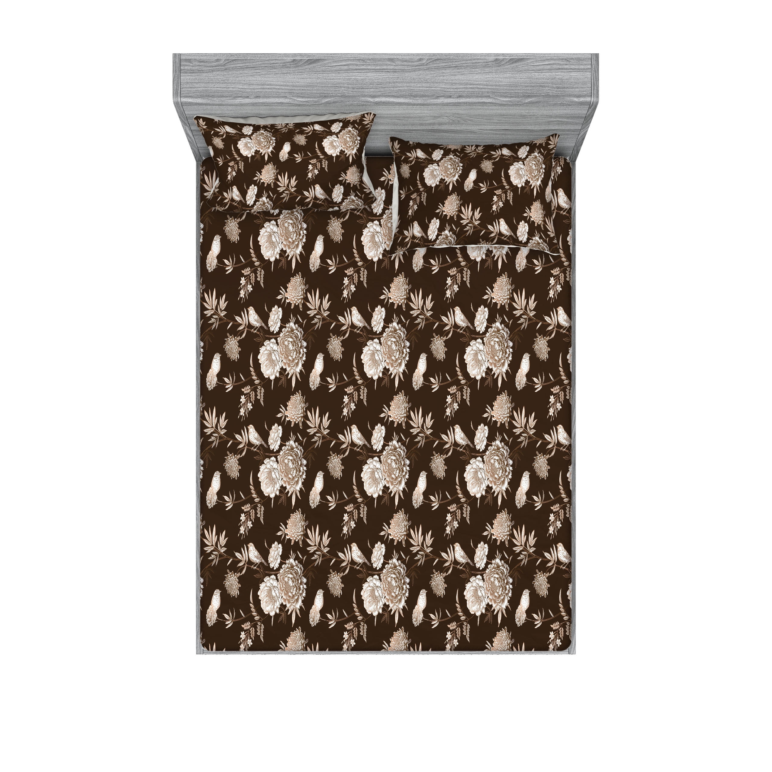 Nature Fitted Sheet & Pillow Sham Set, Vintage Style Earthy Colors Bird ...