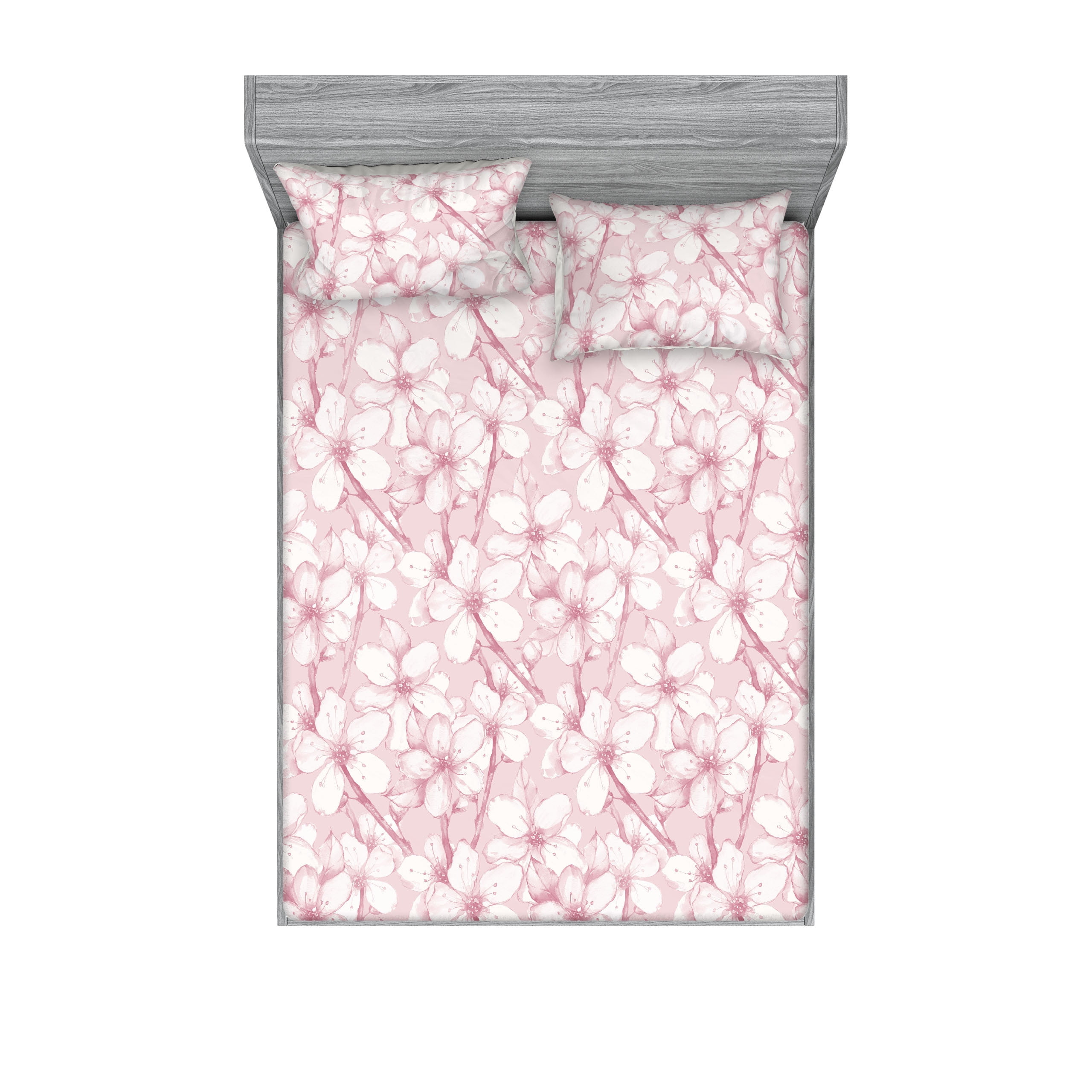 Nature Fitted Sheet & Pillow Sham Set, Watercolor Style Pinkish-Tone ...
