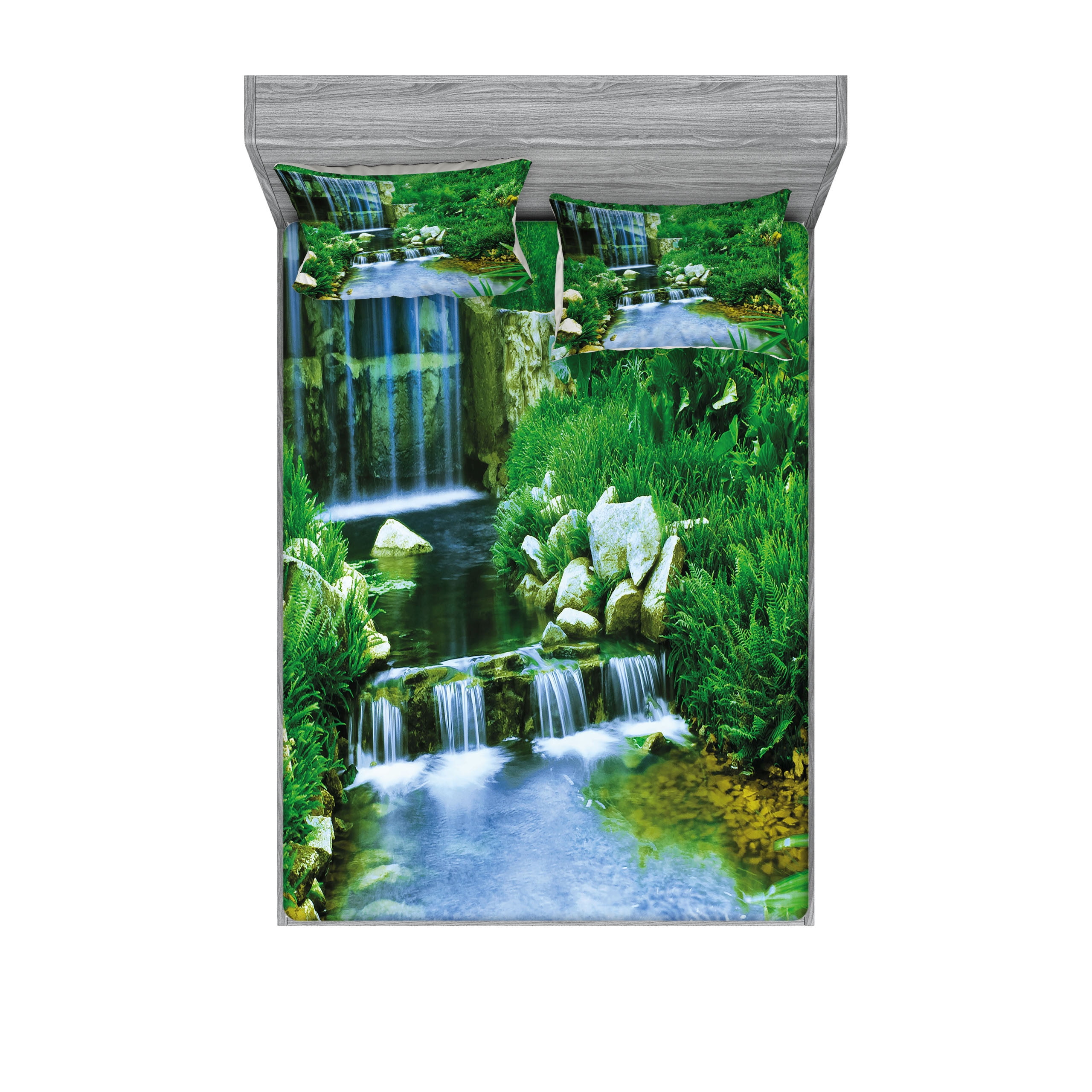 Nature Fitted Sheet & Pillow Sham Set, Waterfall Flowing down the Rocks ...
