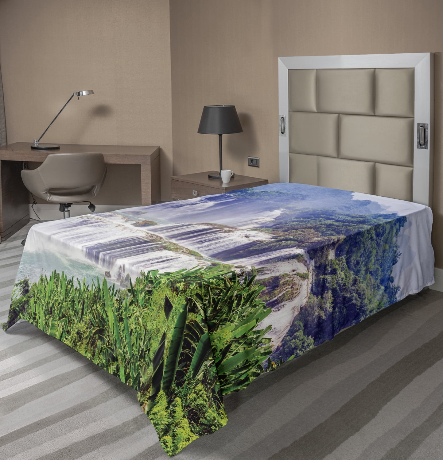 Nature Flat Sheet, Waterfall Exotic Tropical Leaves Natural Swimming ...