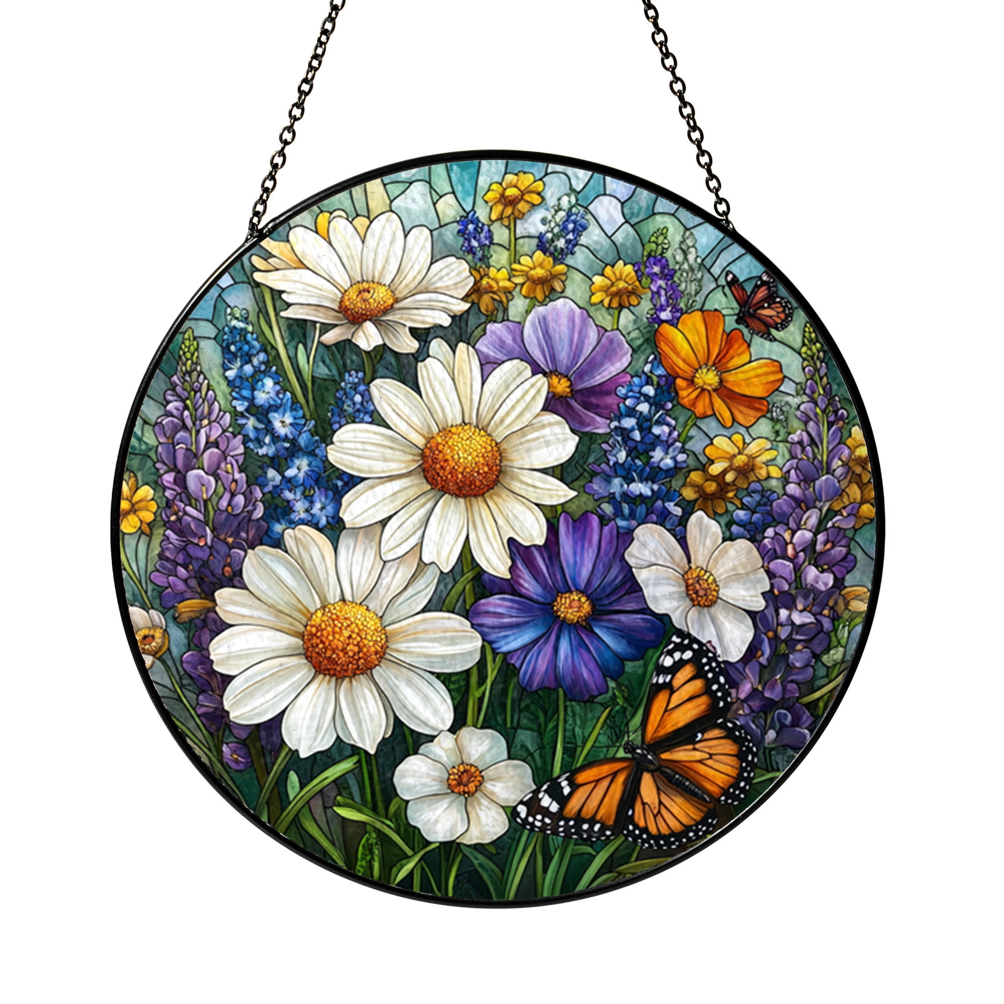 Nature Floral Stained Glass Style Window Hanging, Butterfly Art Panel ...