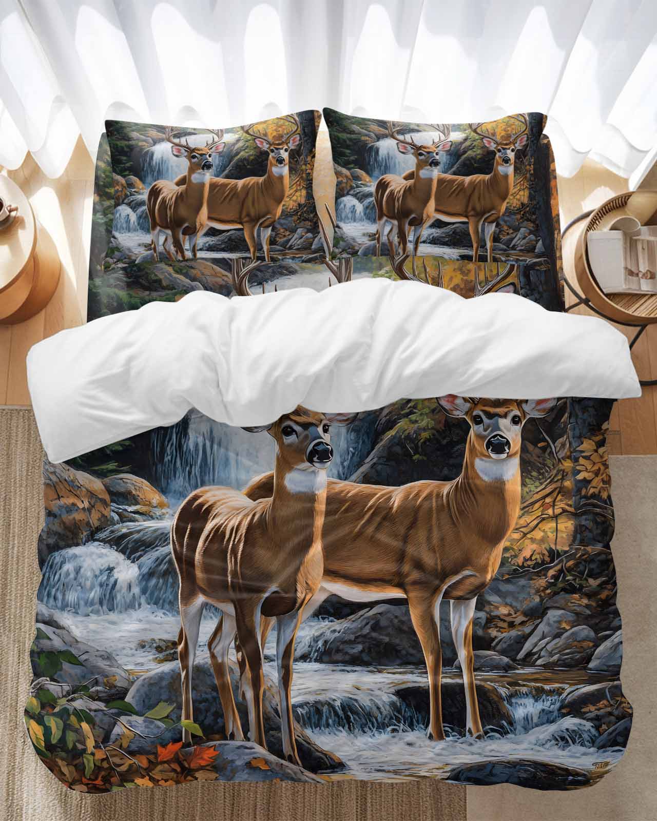 Nature Forest Bedding Duvet Cover Set Twin Size 4 Pieces Scenery Animal ...
