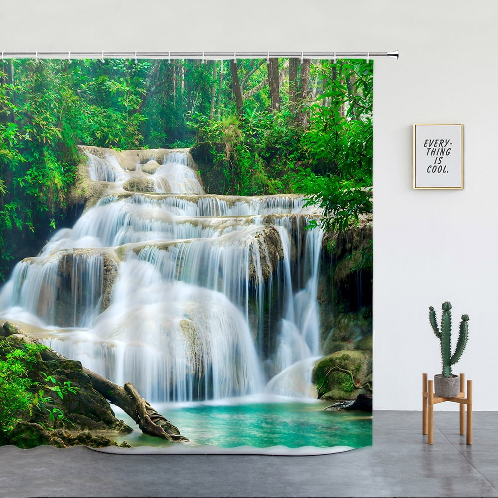 Nature Forest Landscape Shower Curtains Waterfall Plants Trees Spring ...