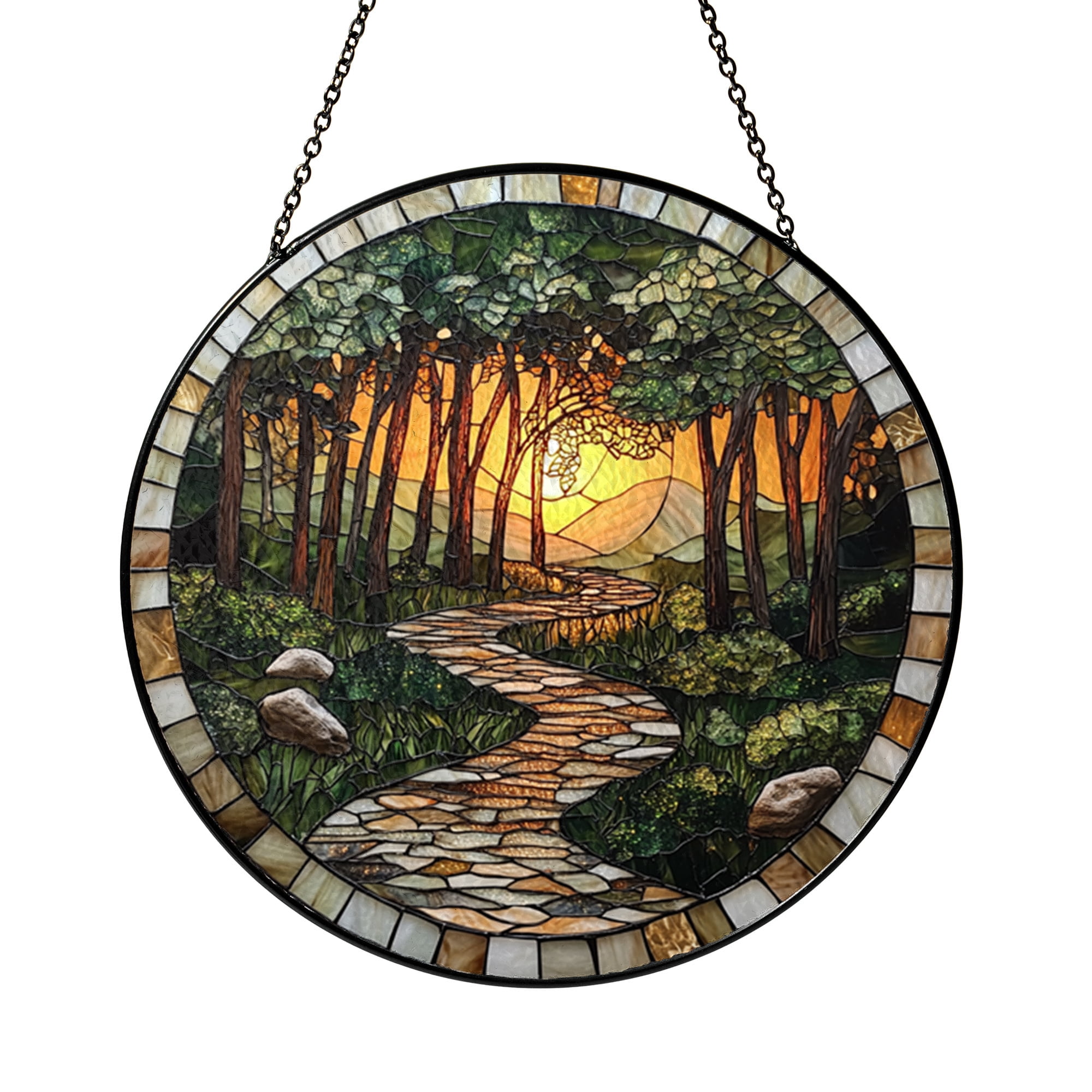 Nature Forest Landscape Stained Glass Style Window Hanging, Decorative ...