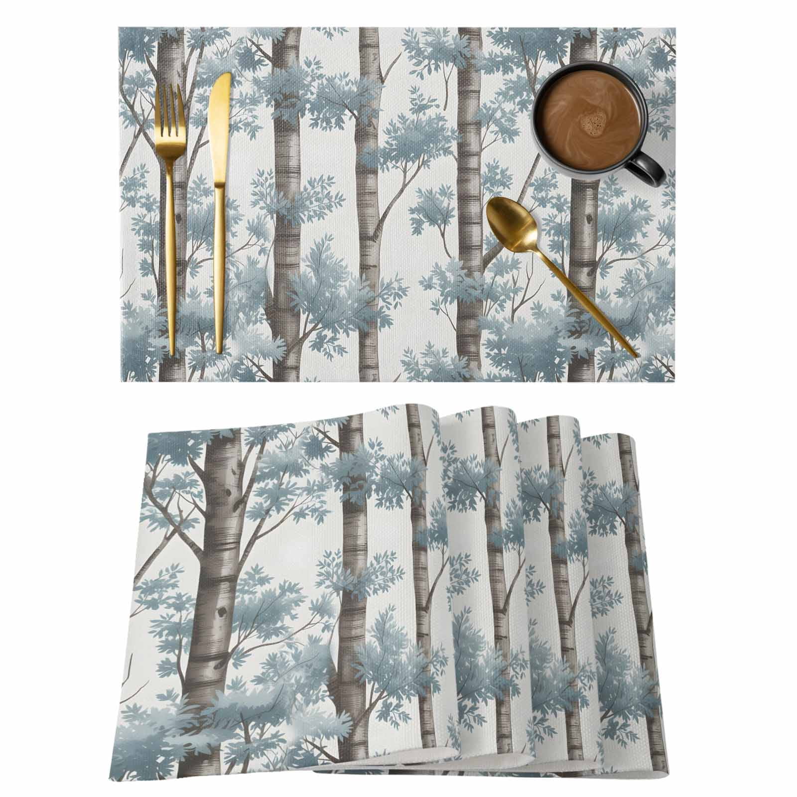 Nature Forest Placemats Set of 4, Vintage Watercolor Trees Branch Leaf ...