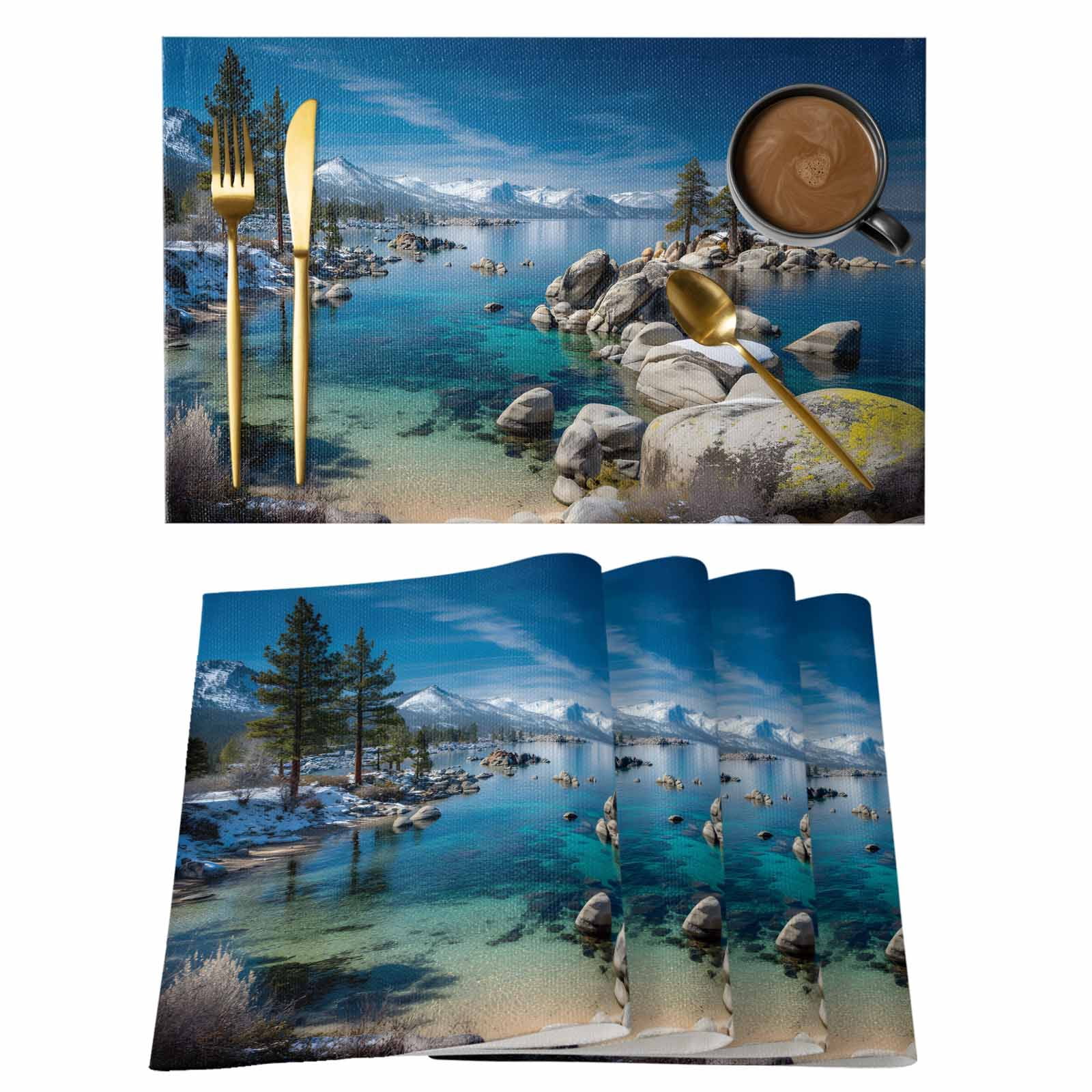 Nature Forest Placemats Set of 6, Blue Sky Mountain Stone Lake ...
