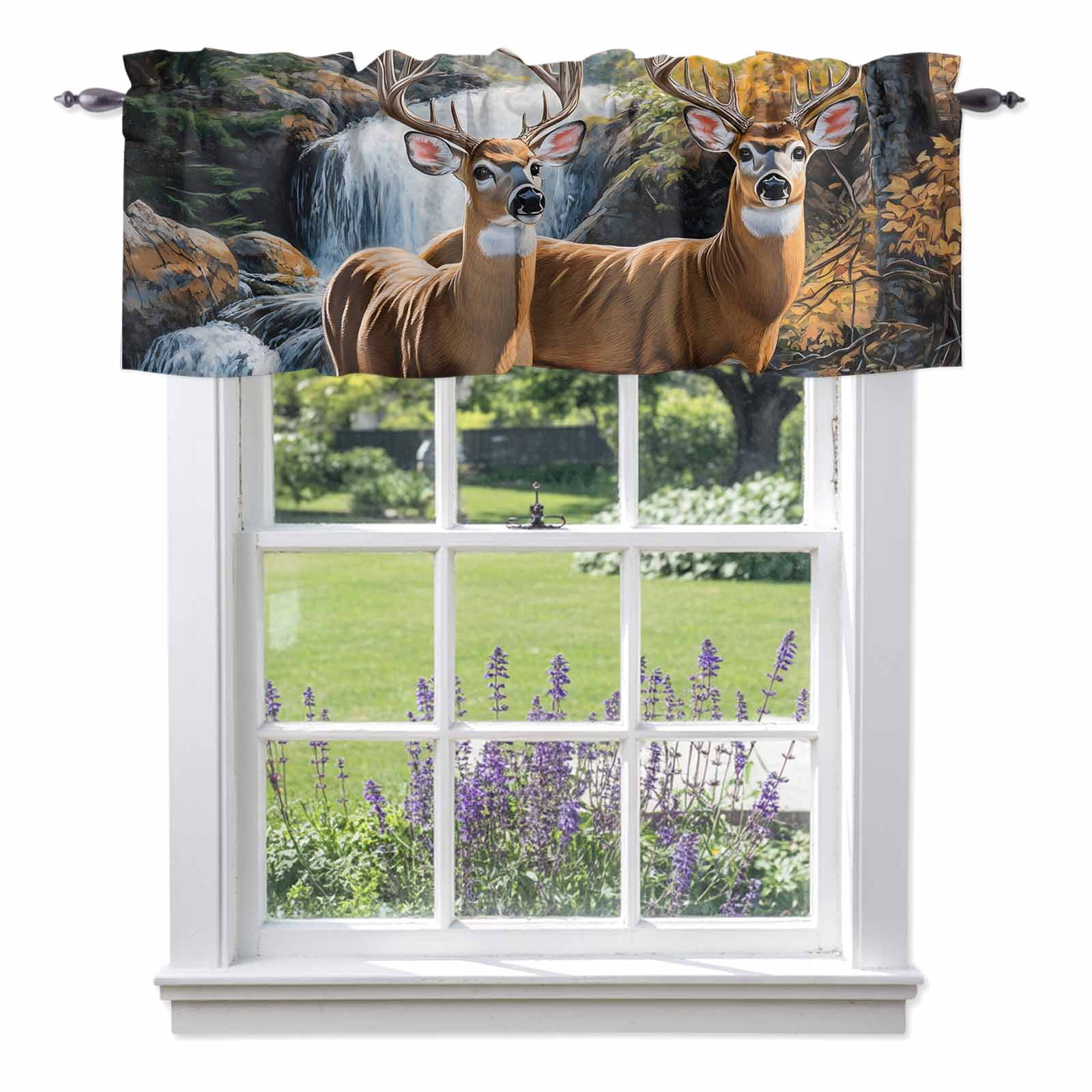 Nature Forest Valances for Windows, Scenery Animal Deer Waterfall Plant ...