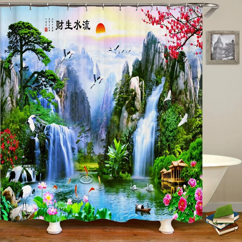 Nature Forest Waterfall 3d Shower Curtain Landscape Bathroom Curtains