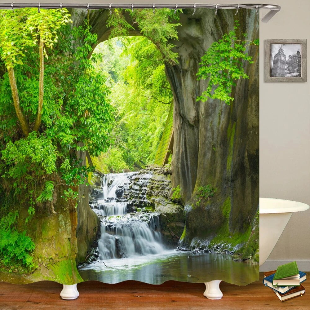 Nature Forest Waterfall 3d Shower Curtain Landscape Bathroom Curtains