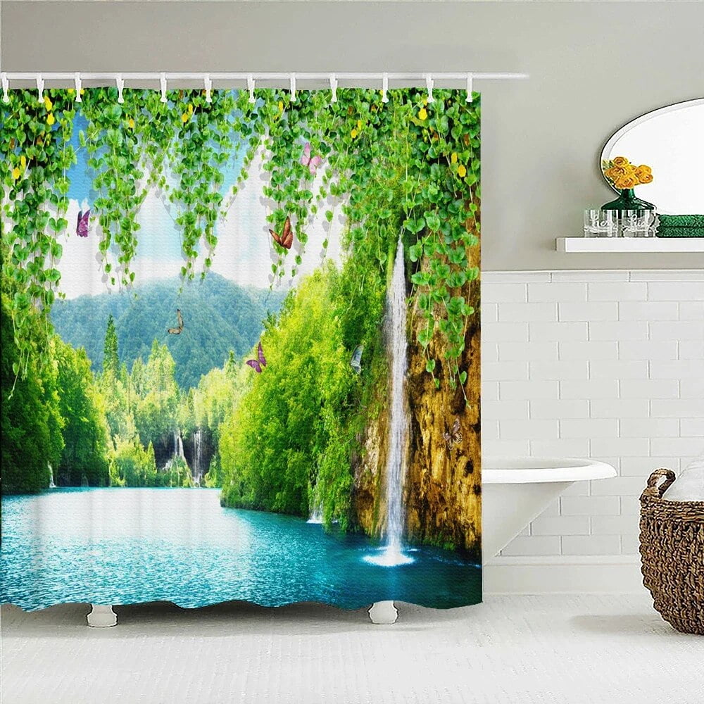 Nature Forest Waterfall 3d Shower Curtain Landscape Bathroom Curtains
