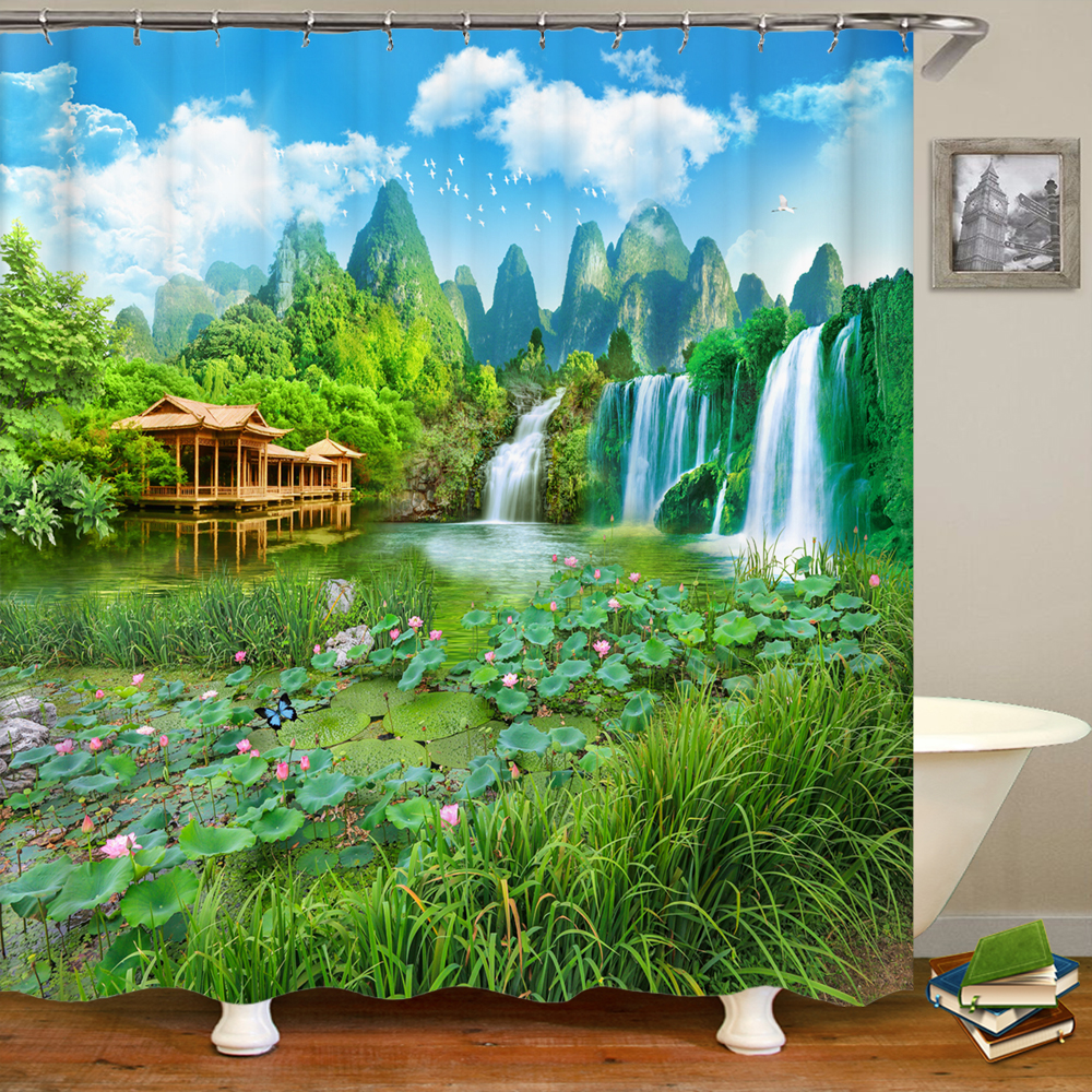 Nature Forest Waterfall 3D Shower Curtain landscape Bathroom Curtains ...