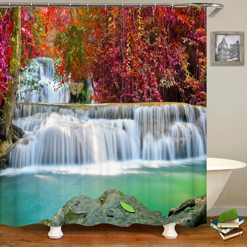 Nature Forest Waterfall 3D Shower Curtain landscape Bathroom Curtains ...