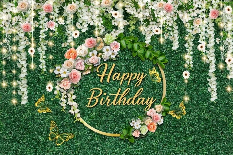Nature Green Grass Wall Happy Birthday Backdrop Flowers Gold Ring ...