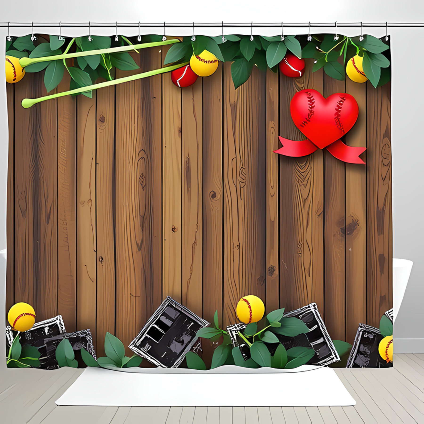 Nature-Inspired Baseball Shower Curtain with Wooden Plank Background ...
