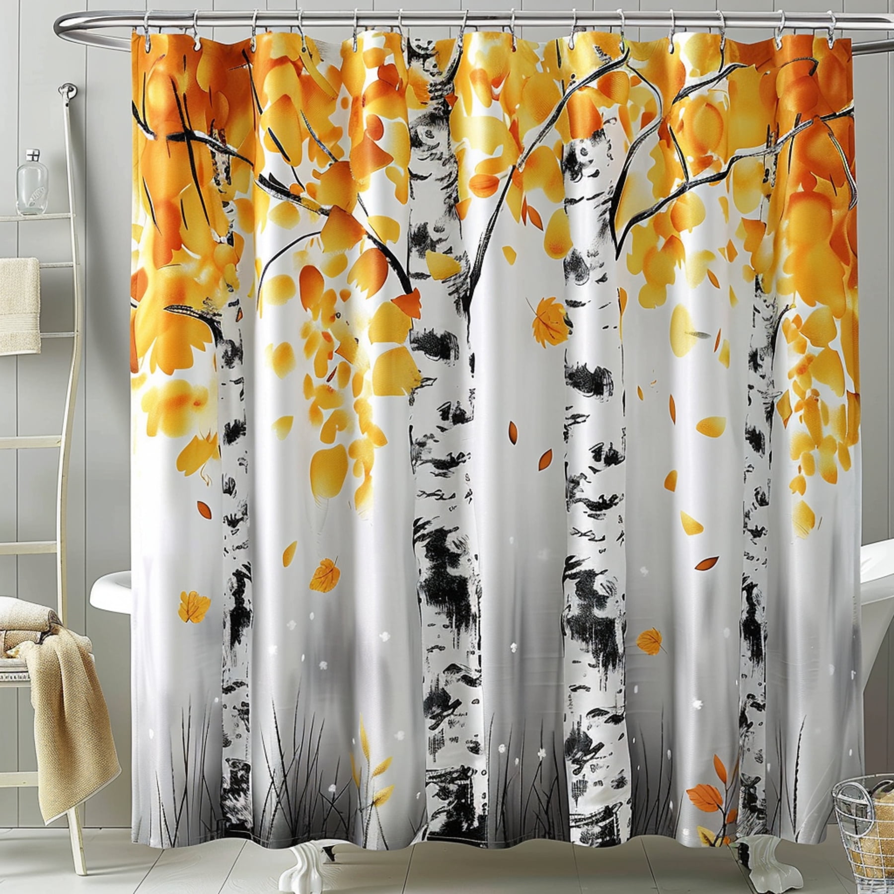 Nature Inspired Birch Tree Shower Curtain in Yellow and Orange White ...