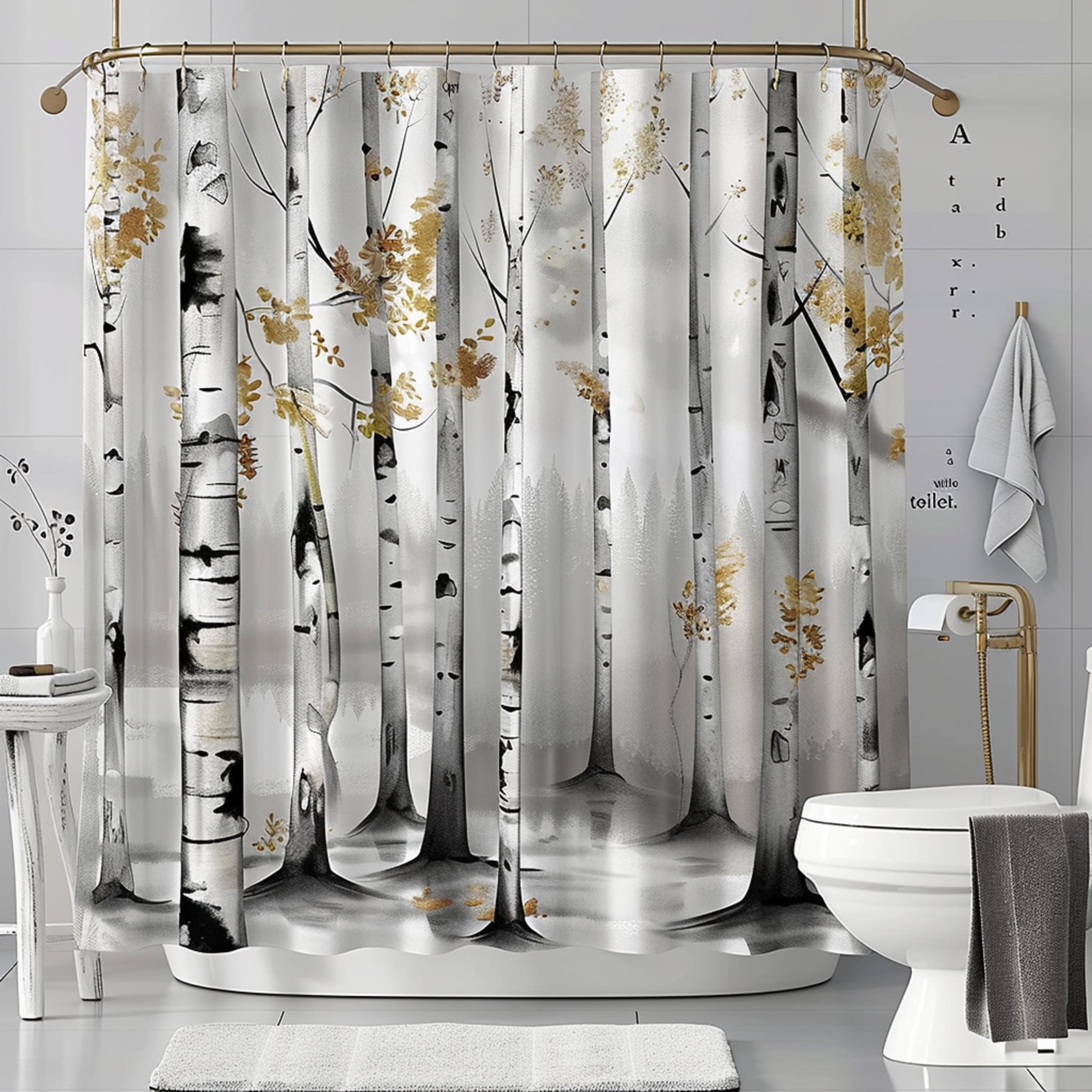Nature Inspired Birch Tree Shower Curtain with Elegant Black and Gold ...