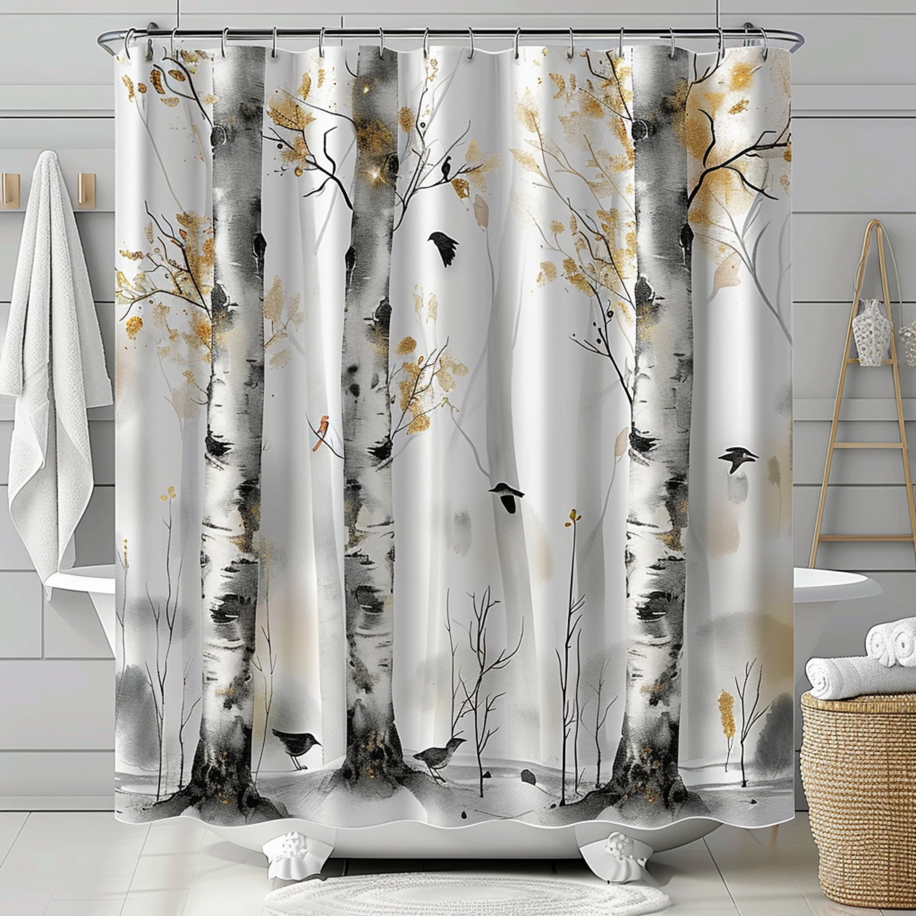 Nature Inspired Birch Tree Shower Curtain with Watercolor Foliage ...