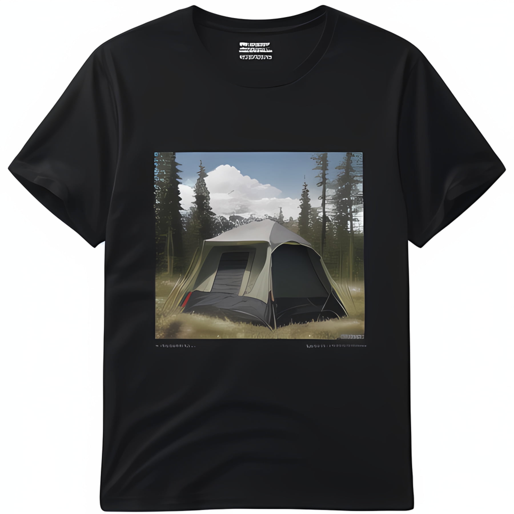 Nature Inspired Black T-Shirt with Tent Illustration Graphic Design ... Nature Inspired Black T-Shirt with Tent Illustration Graphic Design ...