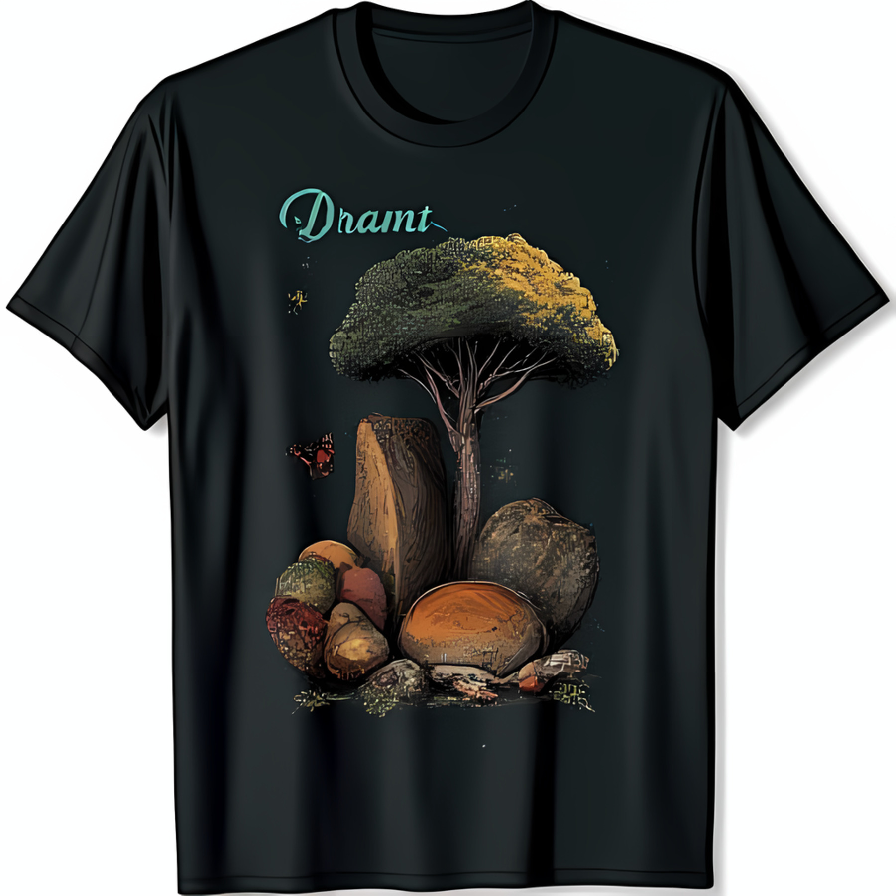Nature Inspired Black T-Shirt with Tree Butterfly and Rocks Design ...