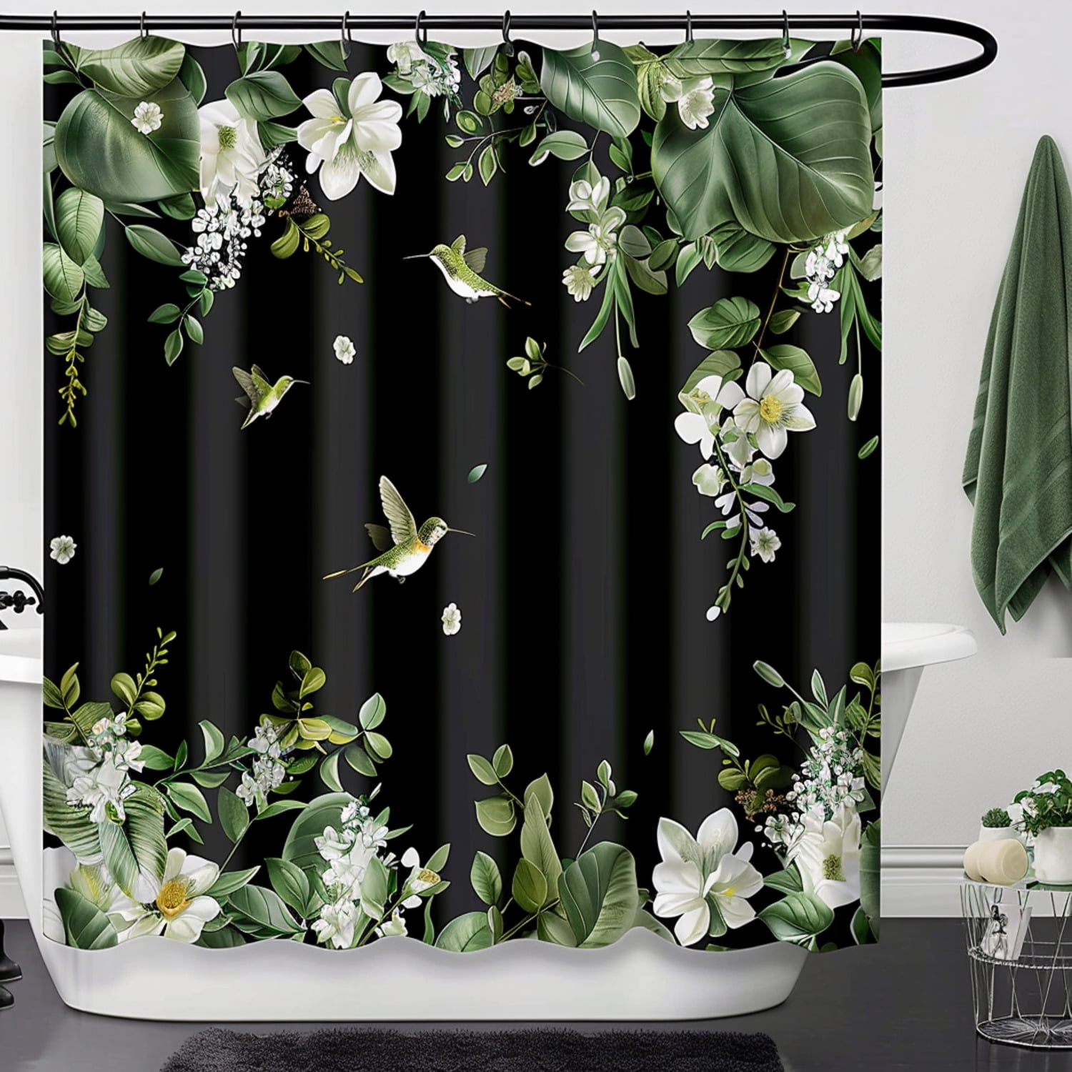 Nature Inspired Black And Green Floral Hummingbird Shower Curtain Set