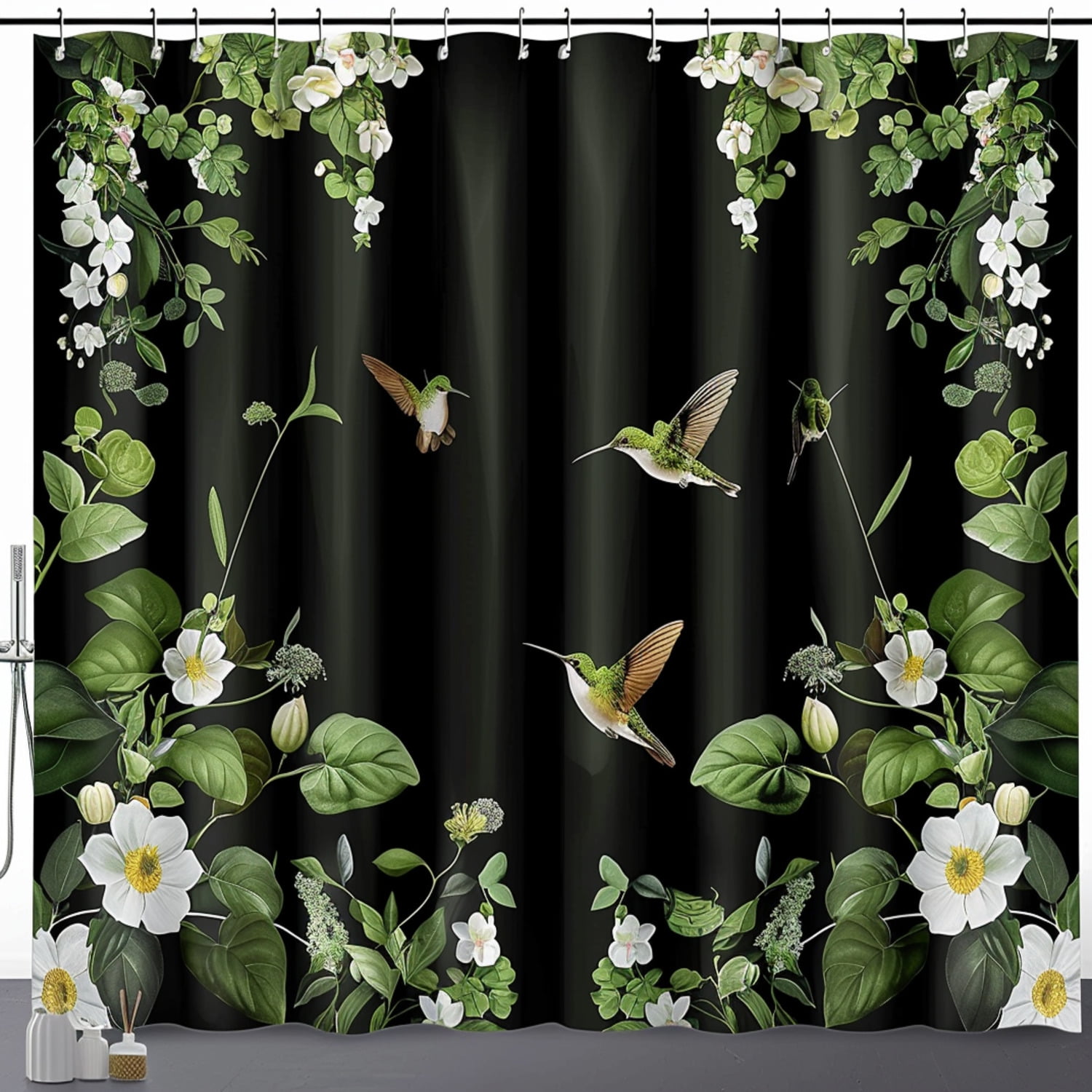 Nature Inspired Black And Green Floral Shower Curtain Set Modern Boho