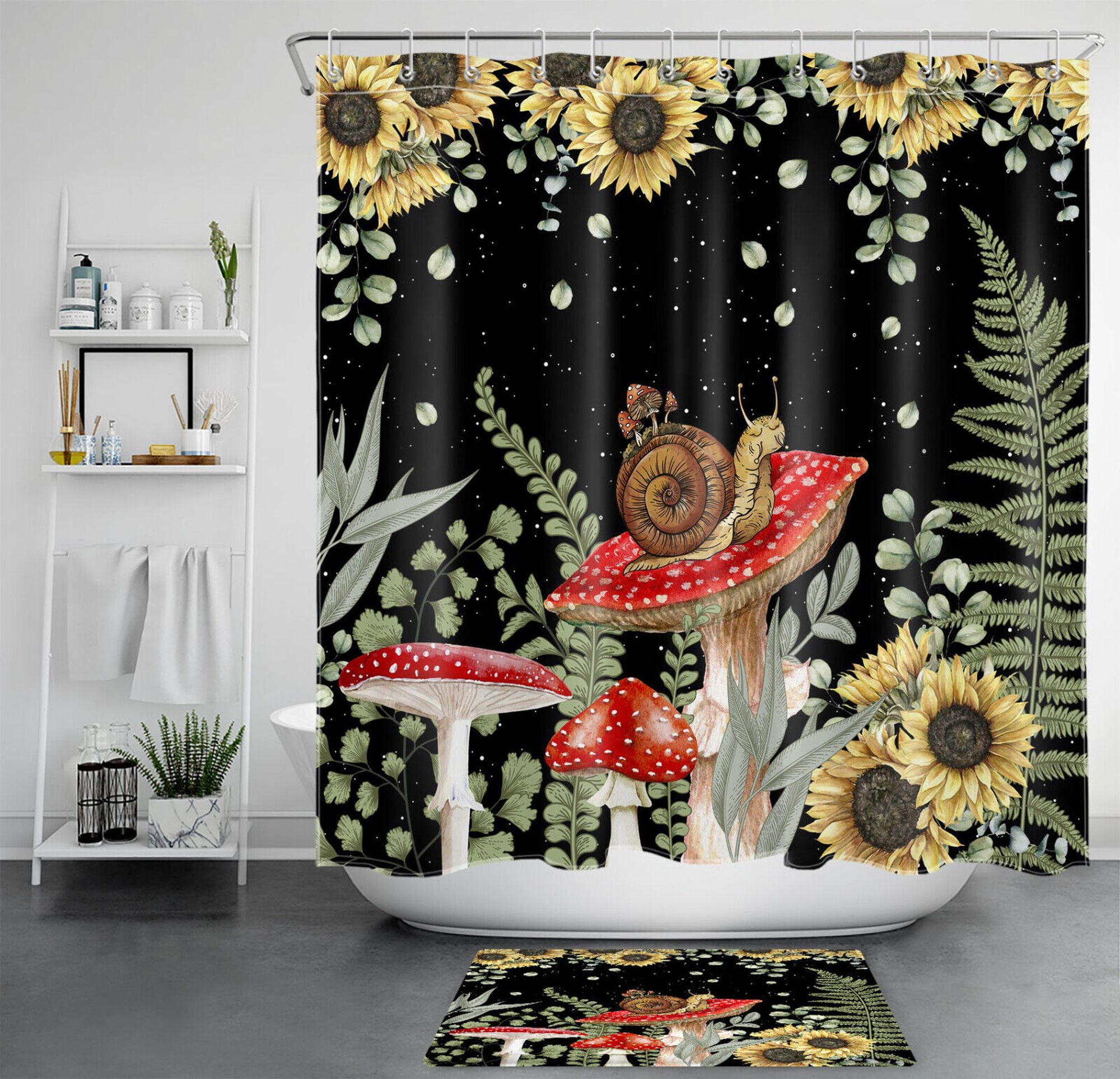 Nature Inspired Botanical Bliss Leaf Sunflower Mushroom Black Bathroom