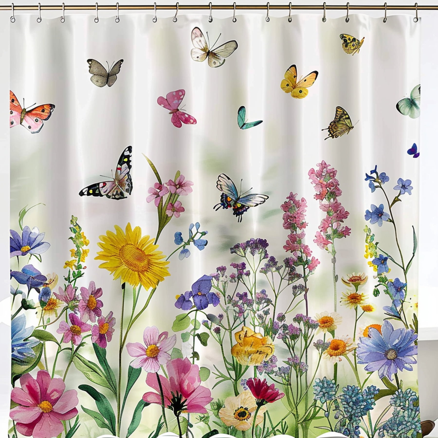 Nature Inspired Butterfly and Wildflower Print Shower Curtain Bright ...