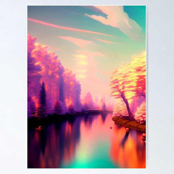 Nature-Inspired Decor: River And Red Forest Poster Wall Art, Modern ...