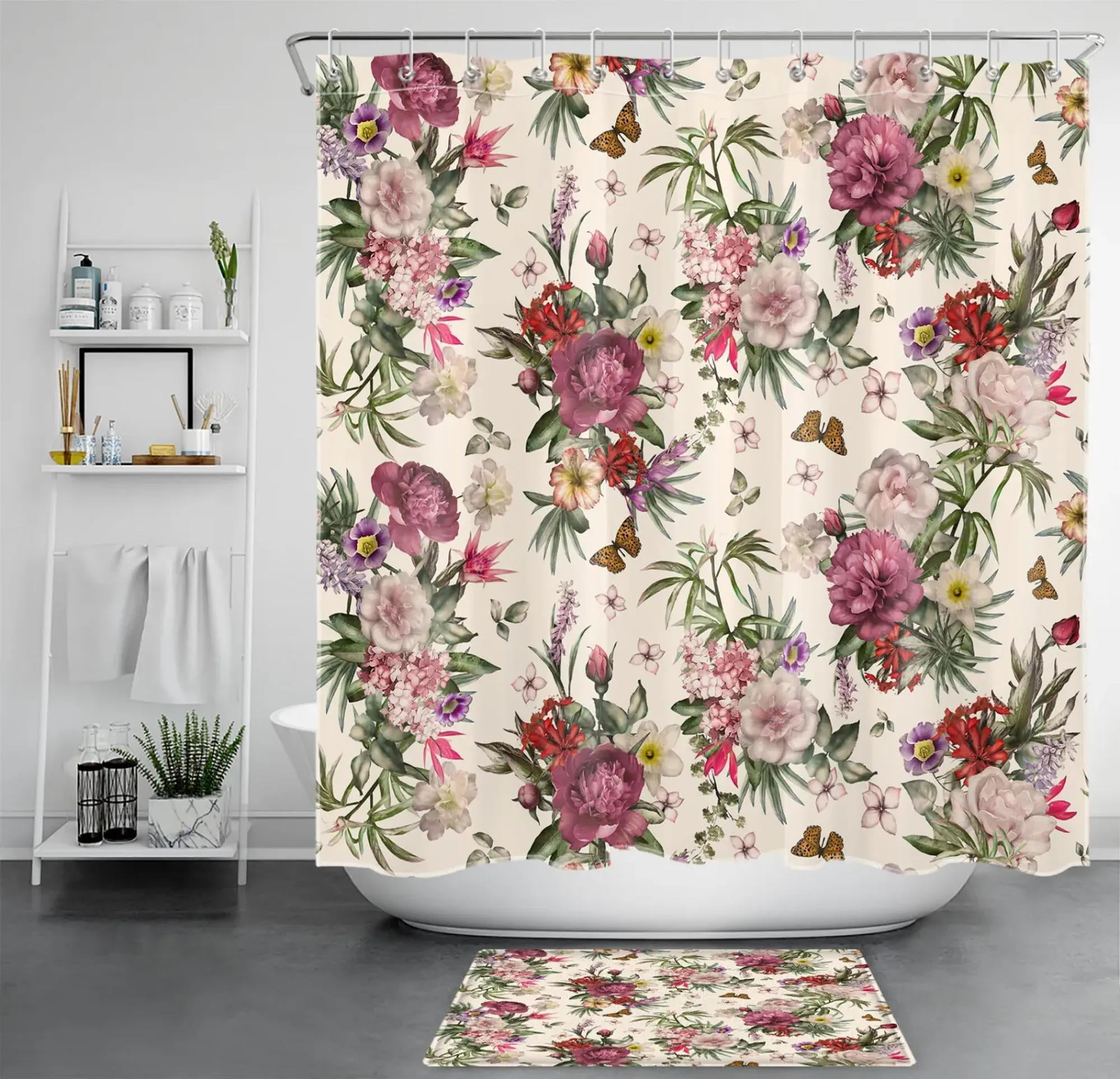 Nature Inspired Elegance Green Leaf And Pink Floral Shower Curtain Set