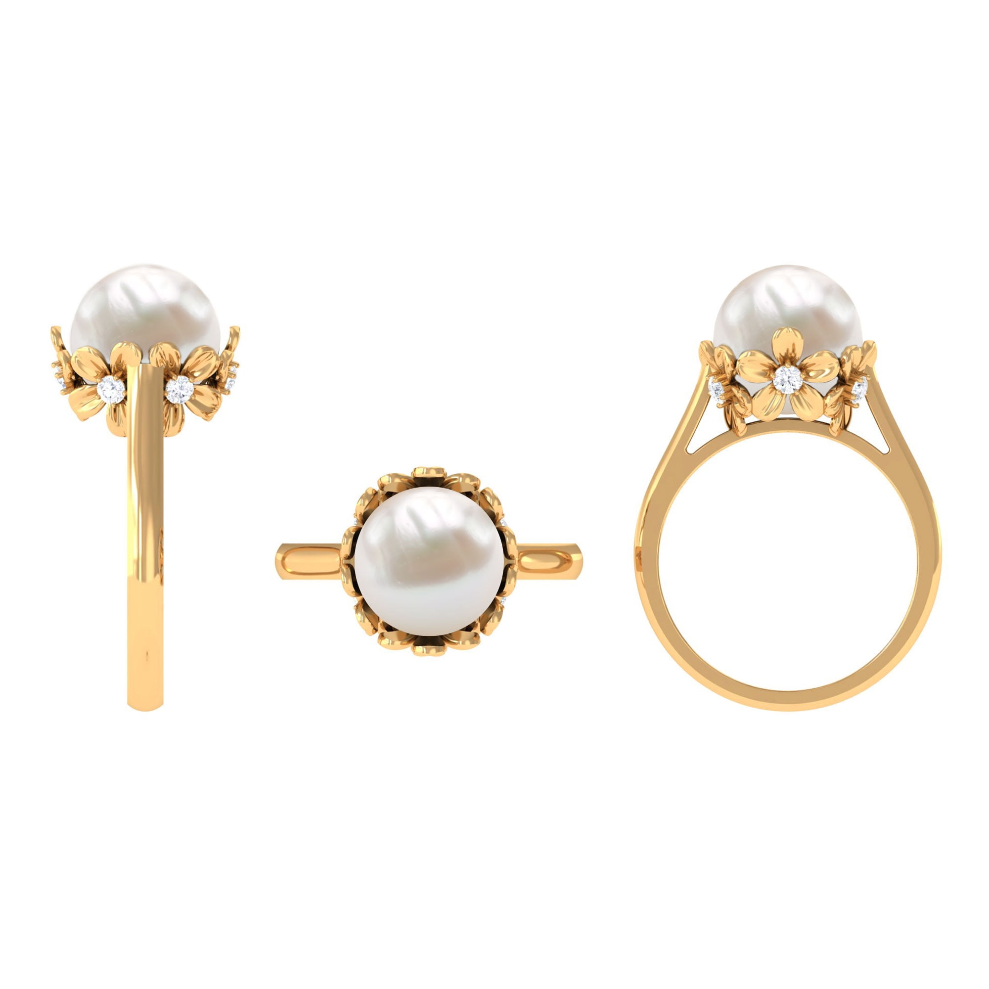 Nature Inspired Floral Ring - Freshwater Pearl and Diamond Ring (12 mm ...