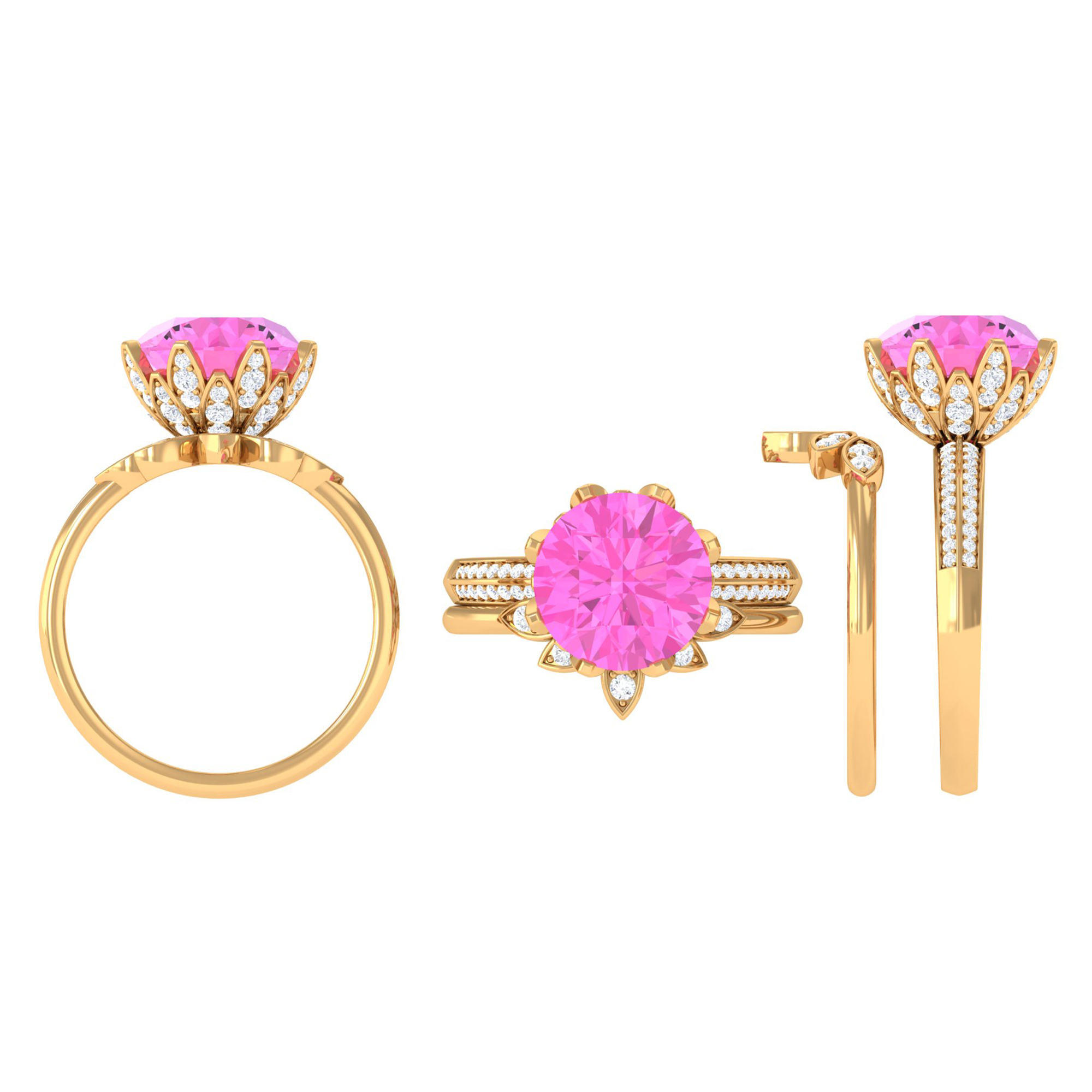 Nature Inspired Floral Ring Set with Lab Grown Pink Sapphire and ...