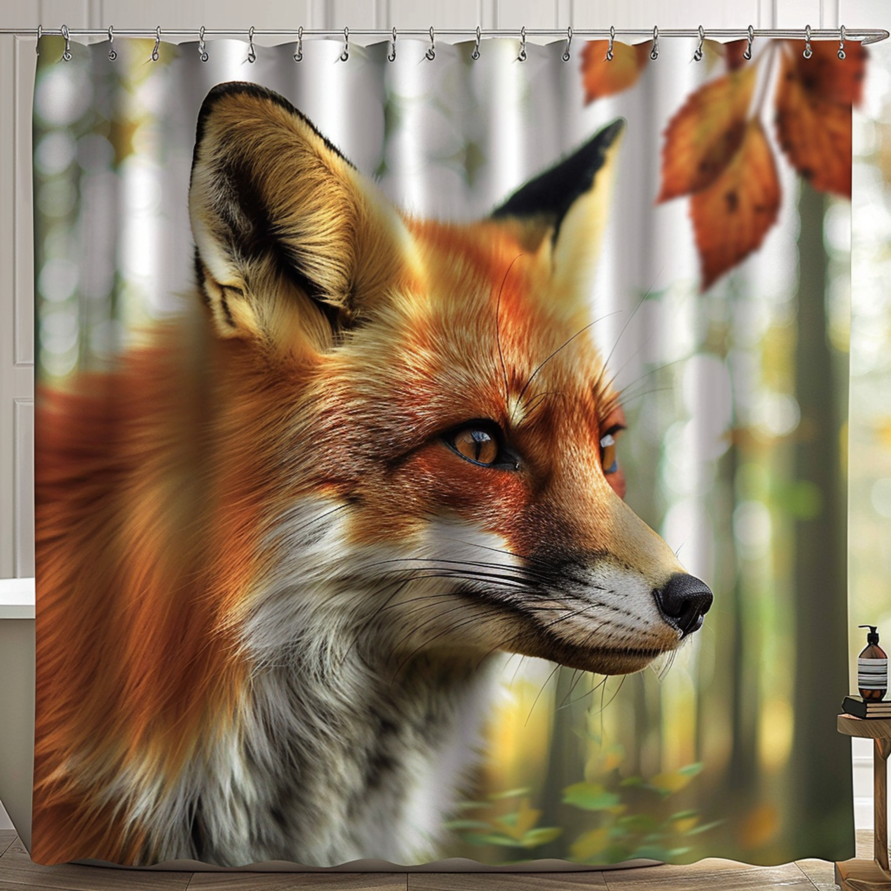 Nature Inspired Fox Forest Shower Curtain with Leaf Background Hyper ...
