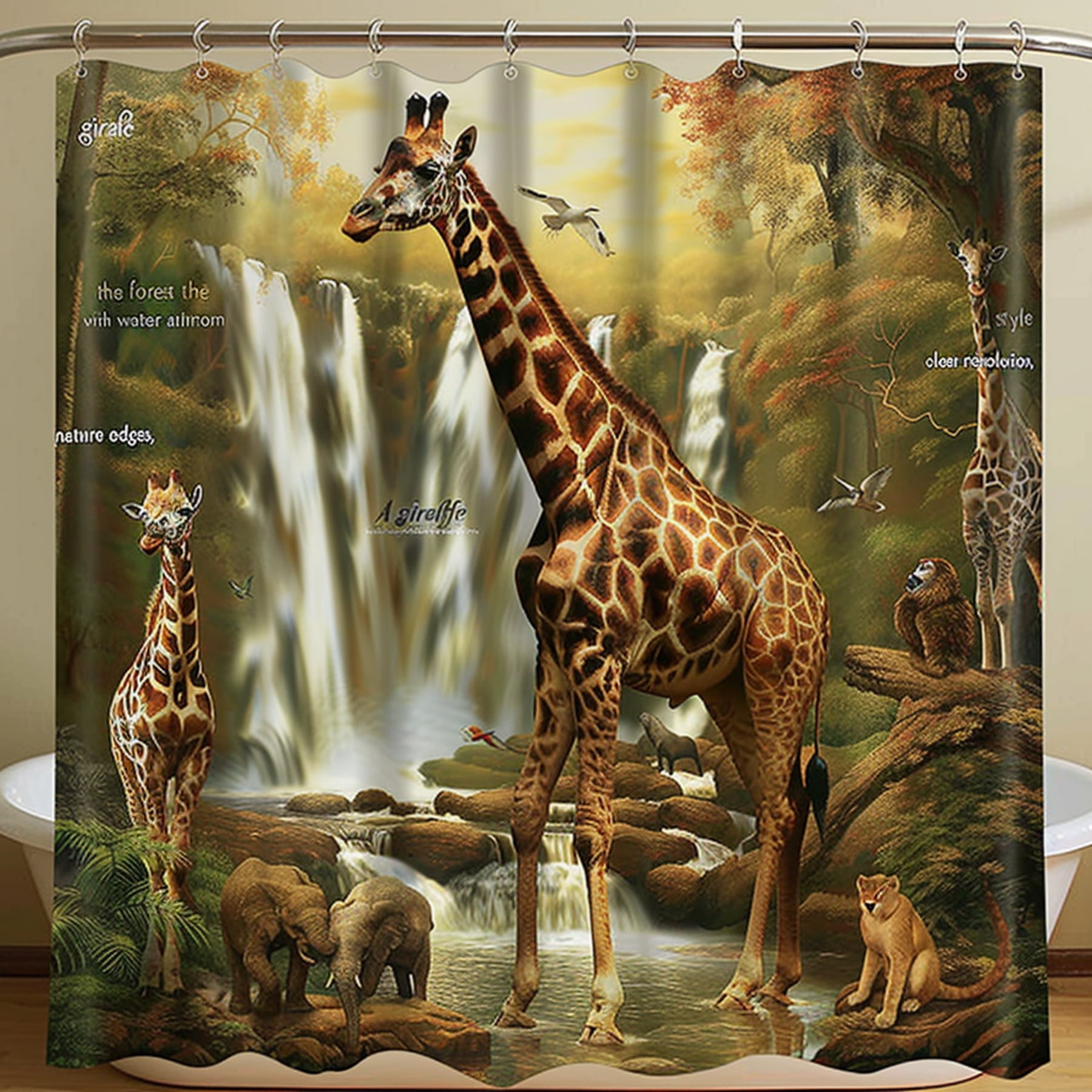Nature Inspired Giraffe Shower Curtain with Waterfalls and Animals ...