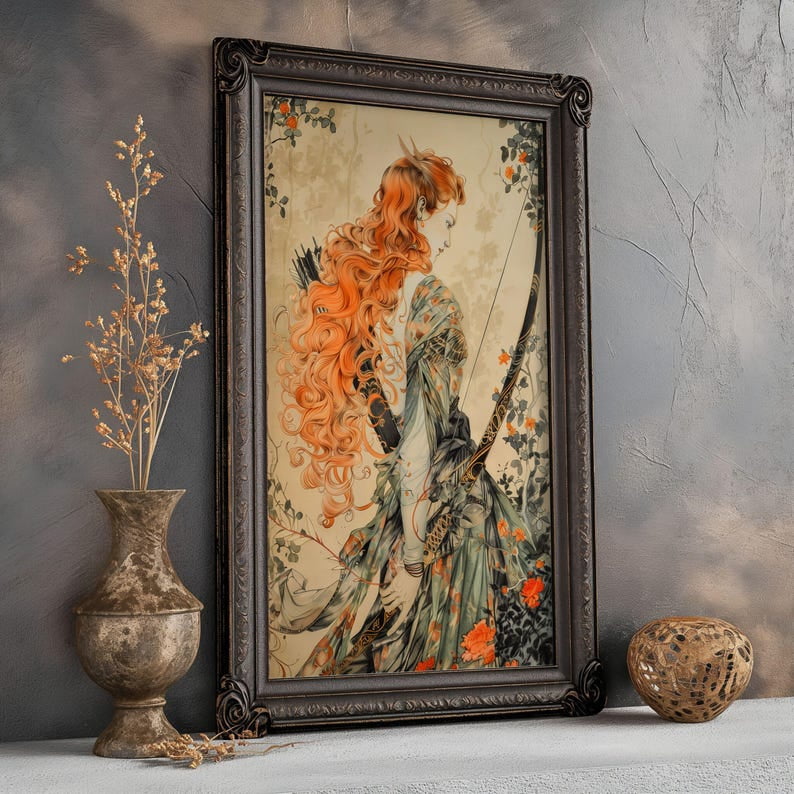 Nature Inspired Goddess Artwork Featuring Artemis in Flowing Watercolor ...