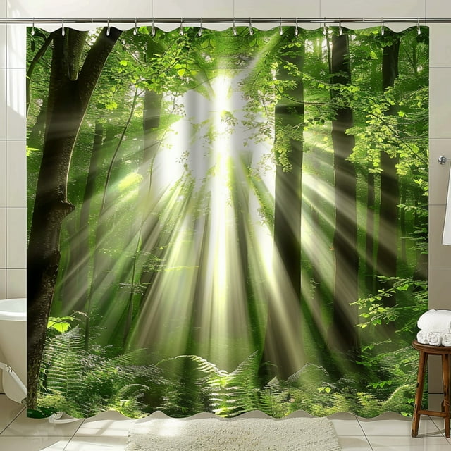 Nature Inspired Green Leaf Shower Curtain with Sunlight Forest Bathroom ...