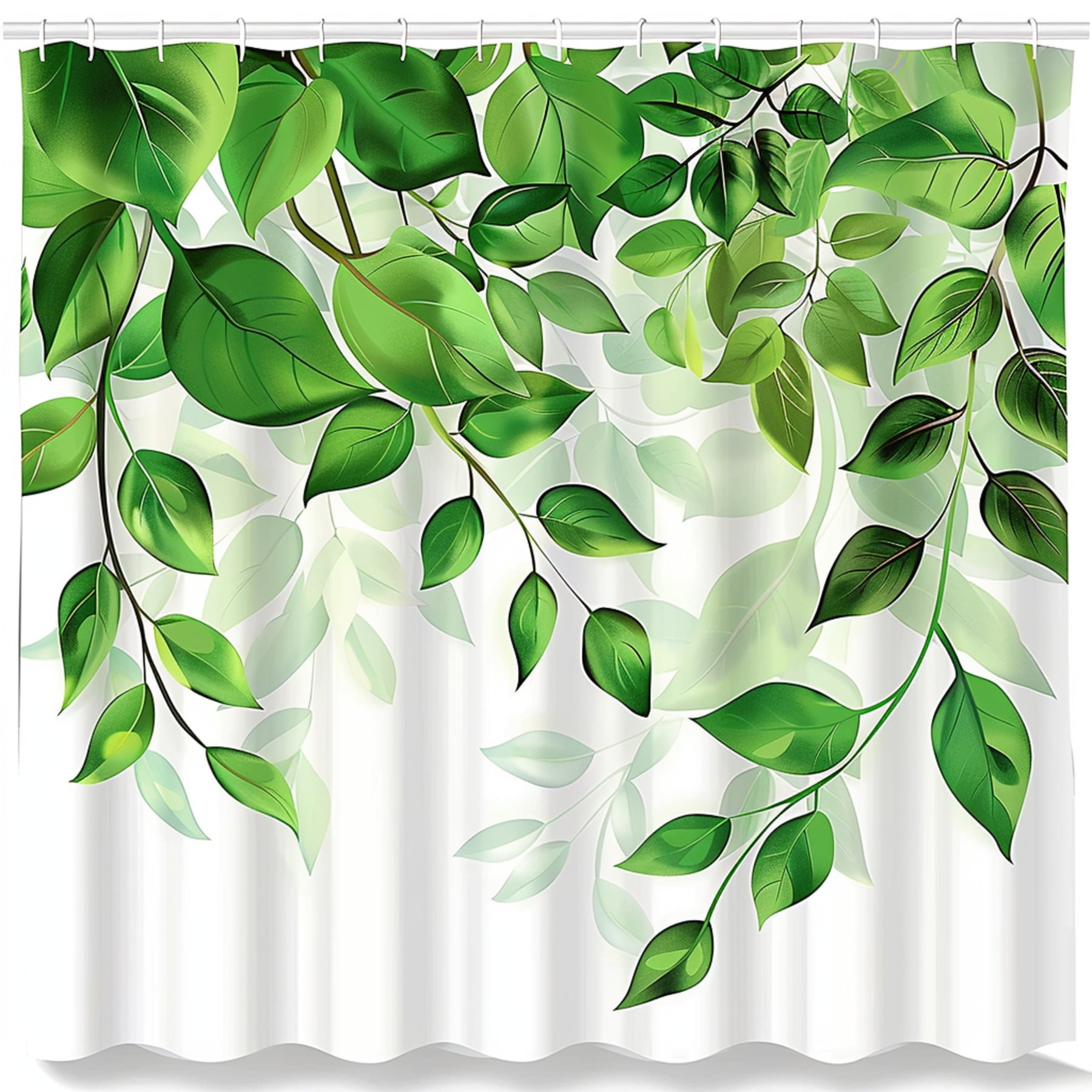Nature Inspired Green Leaves Shower Curtain Realistic Design White ...