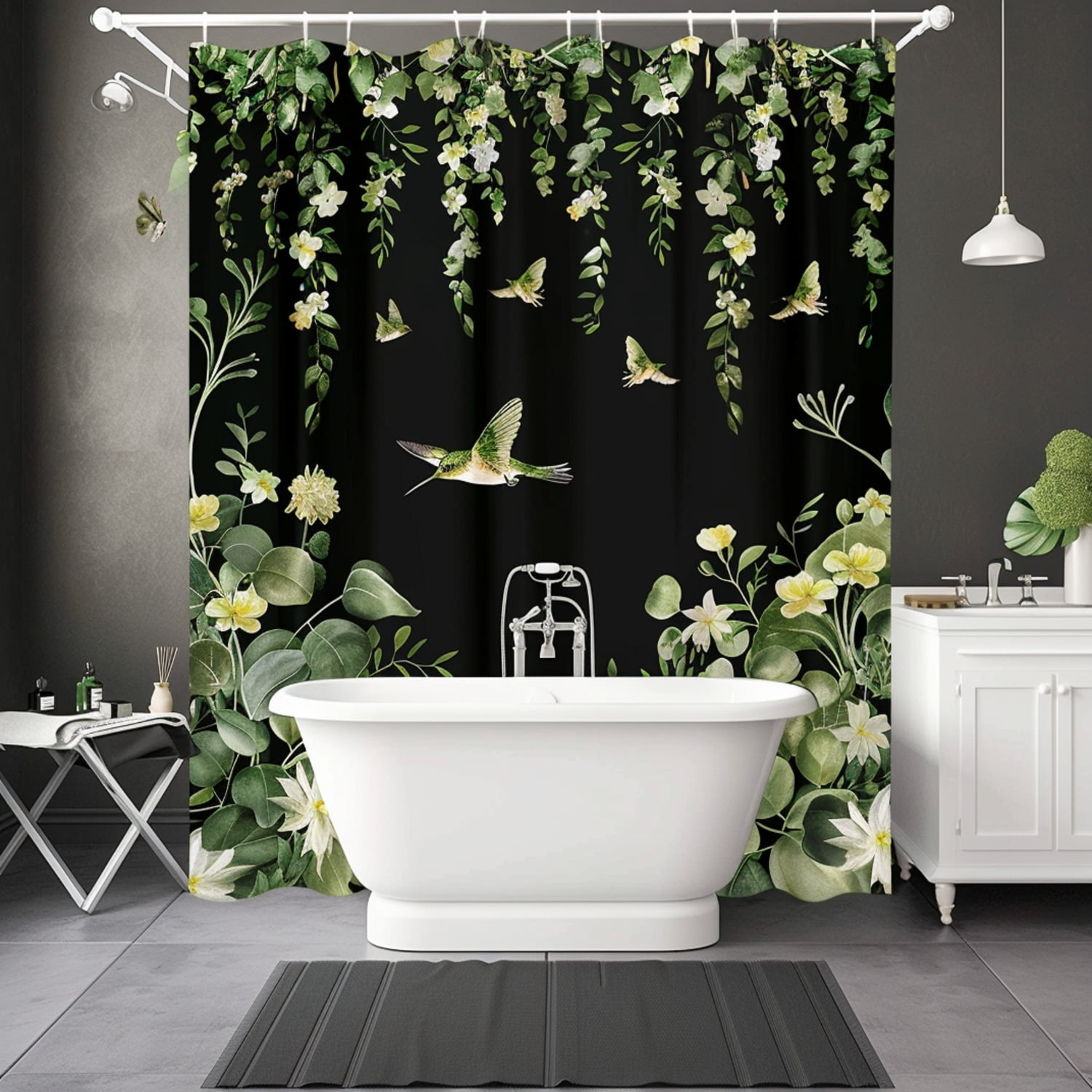 Nature Inspired Hummingbird And Floral Shower Curtain Elegant Black And