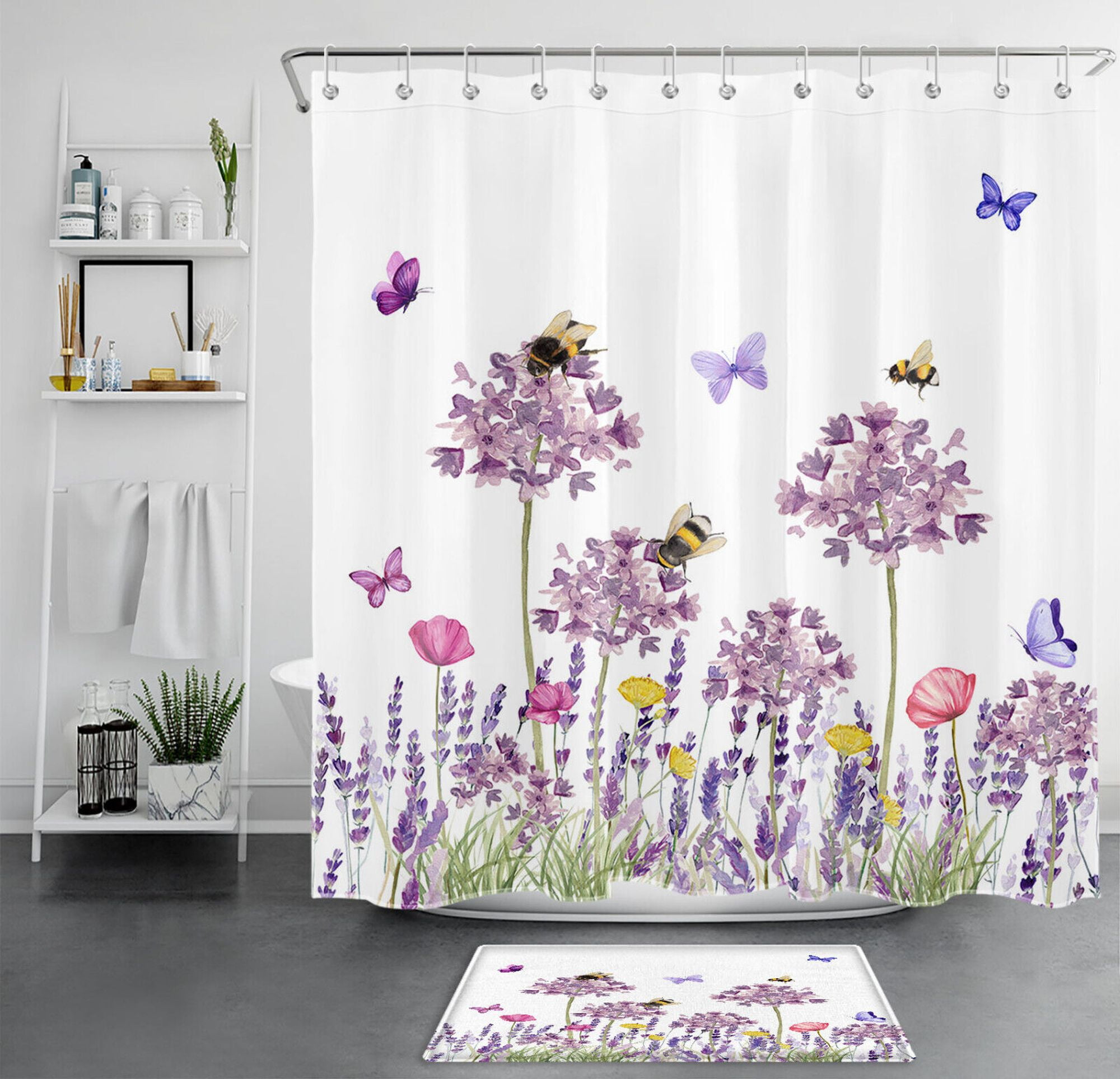 Nature Inspired Lavender Shower Curtain Set With Honeybee And Butterfly