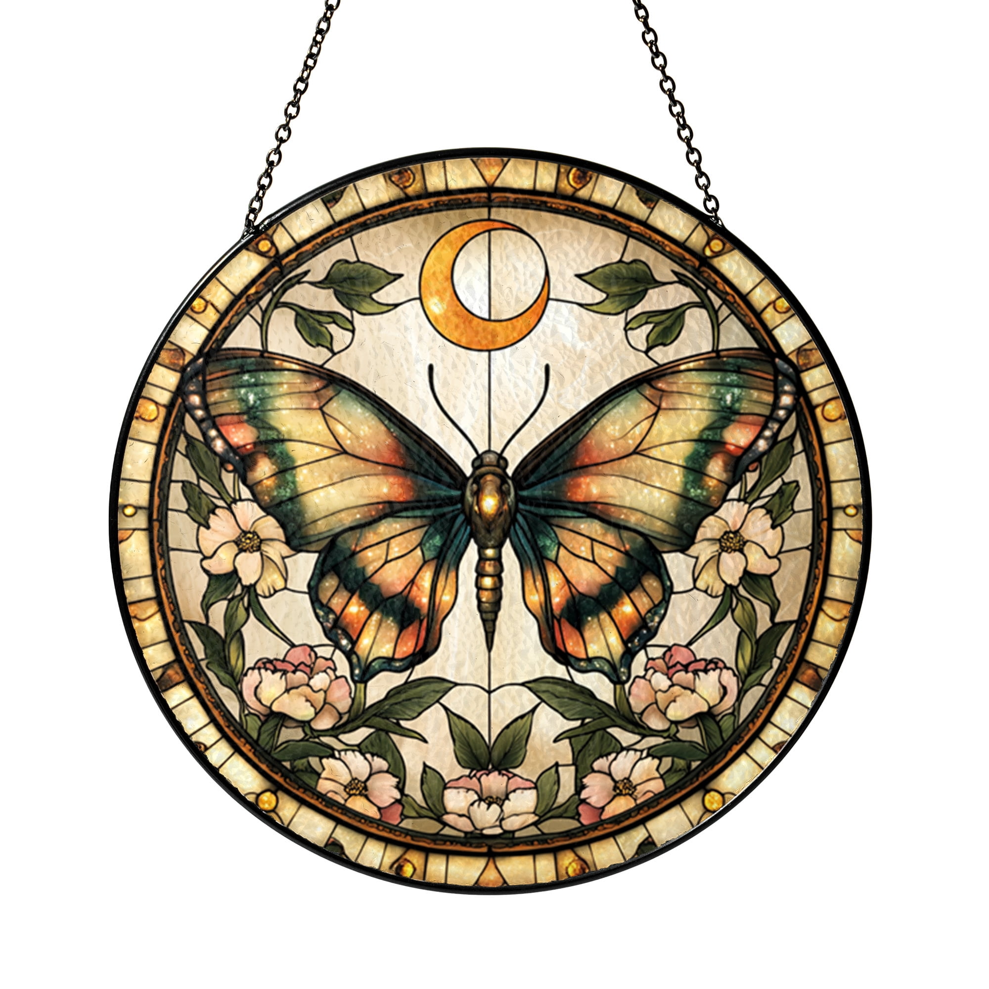 Nature Inspired Moth Floral Stained Glass Window Hanging, Decorative ...
