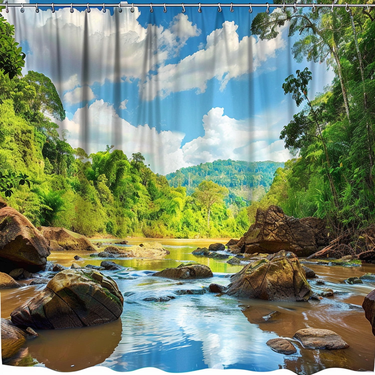 Nature-Inspired Rainforest Shower Curtain Rocks Water Trees River Blue ...