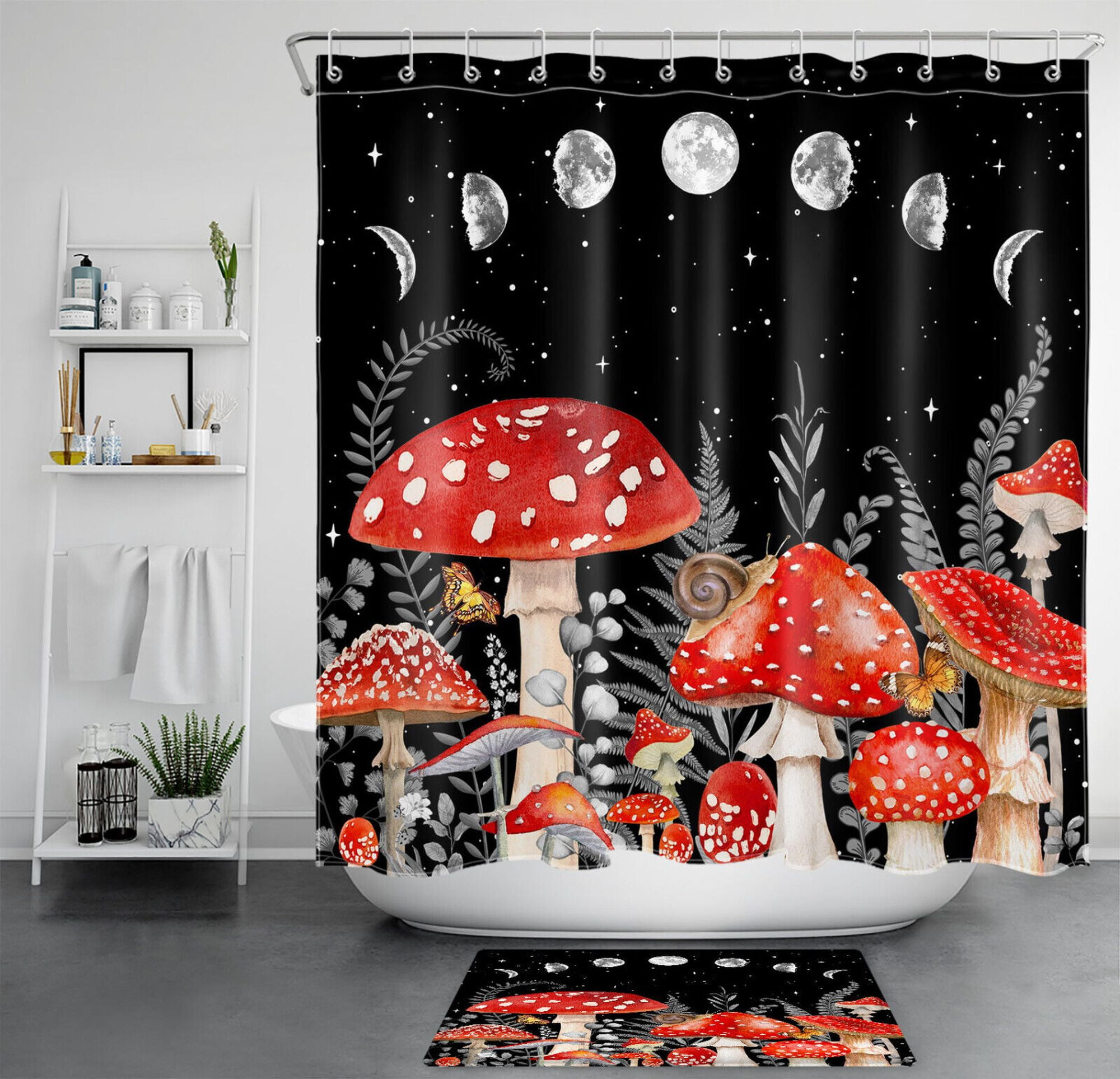 Nature-Inspired Shower Curtain Set: Leafy Plants Moon Phases & Red ...