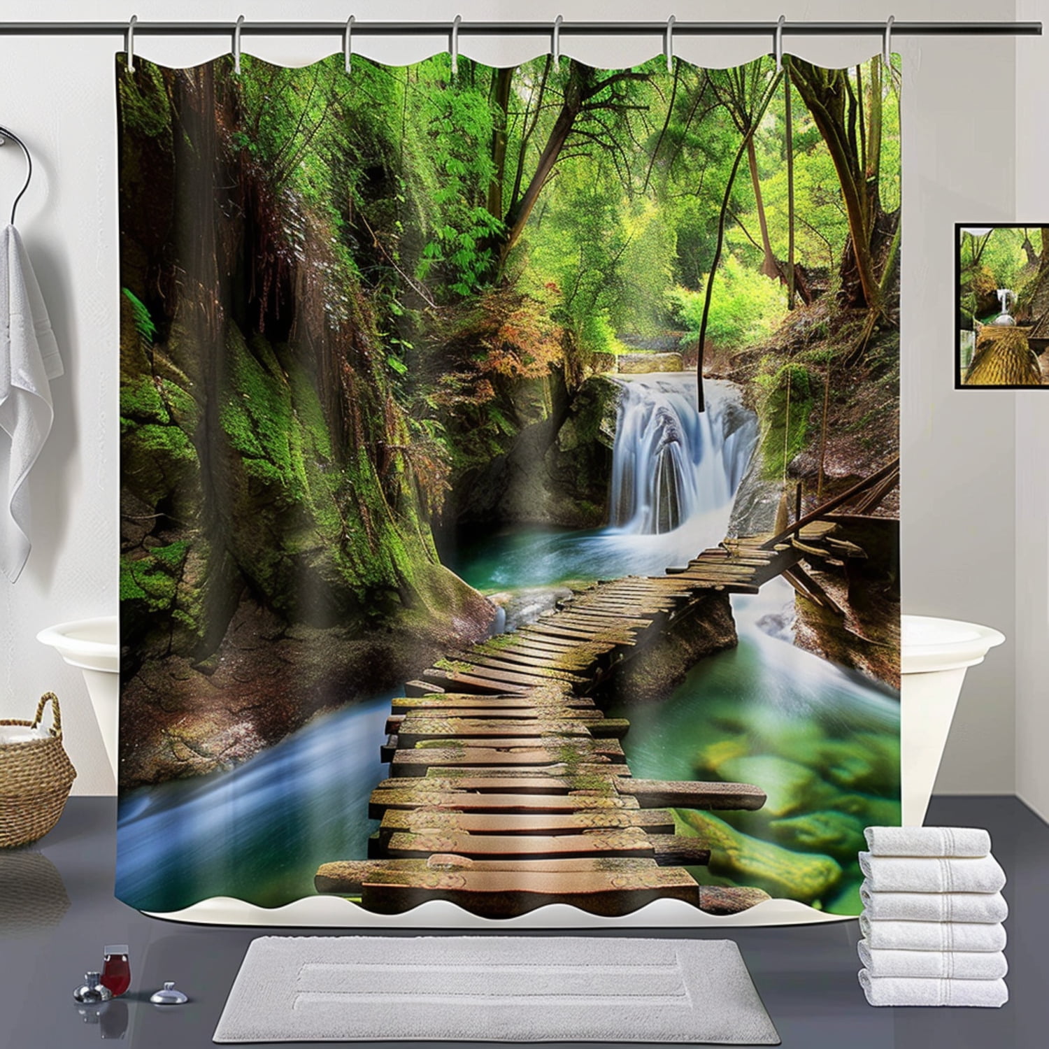Nature Inspired Shower Curtain Set Wooden Bridge Forests Water High