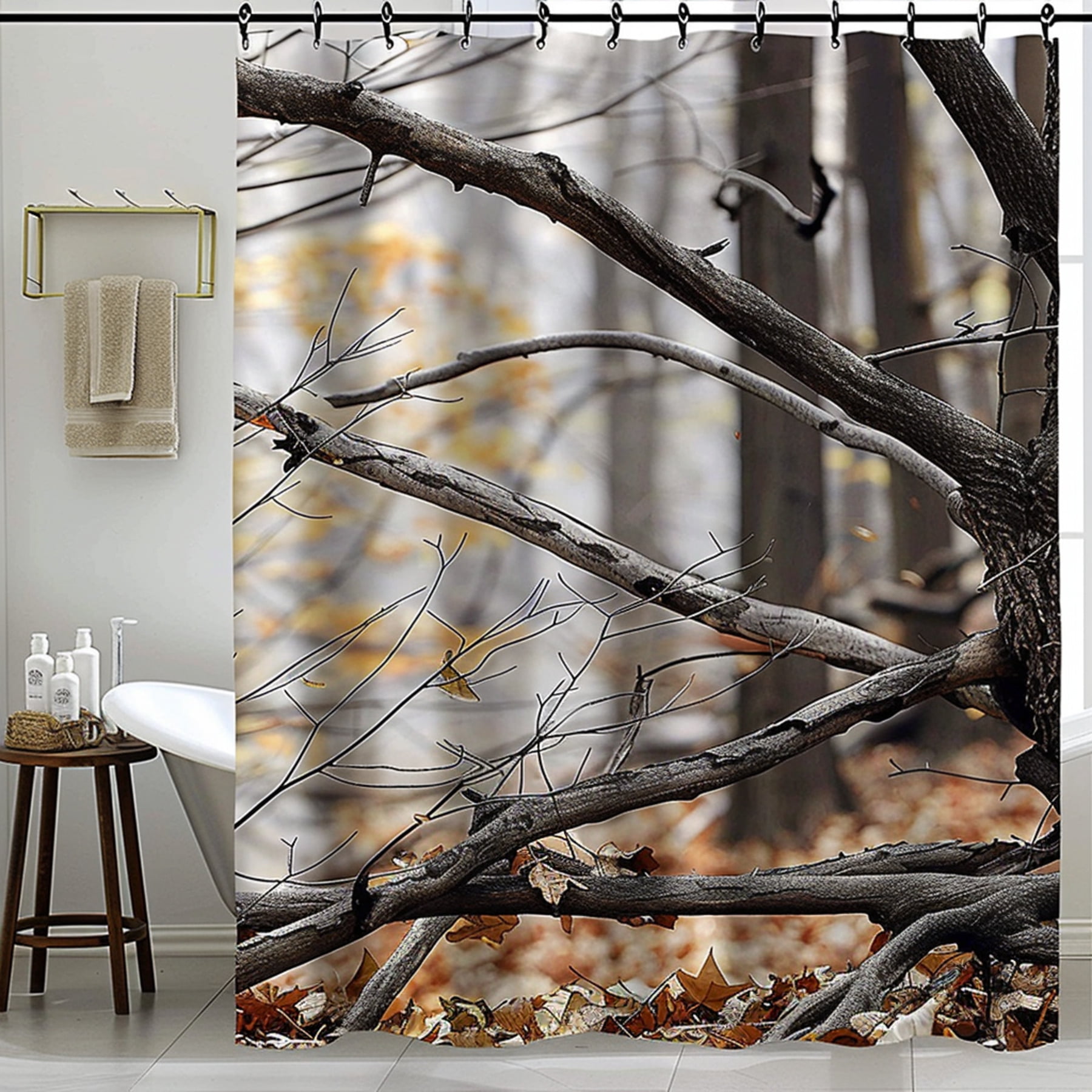 Nature Inspired Shower Curtain with Brown Tree Branches and Fallen ...