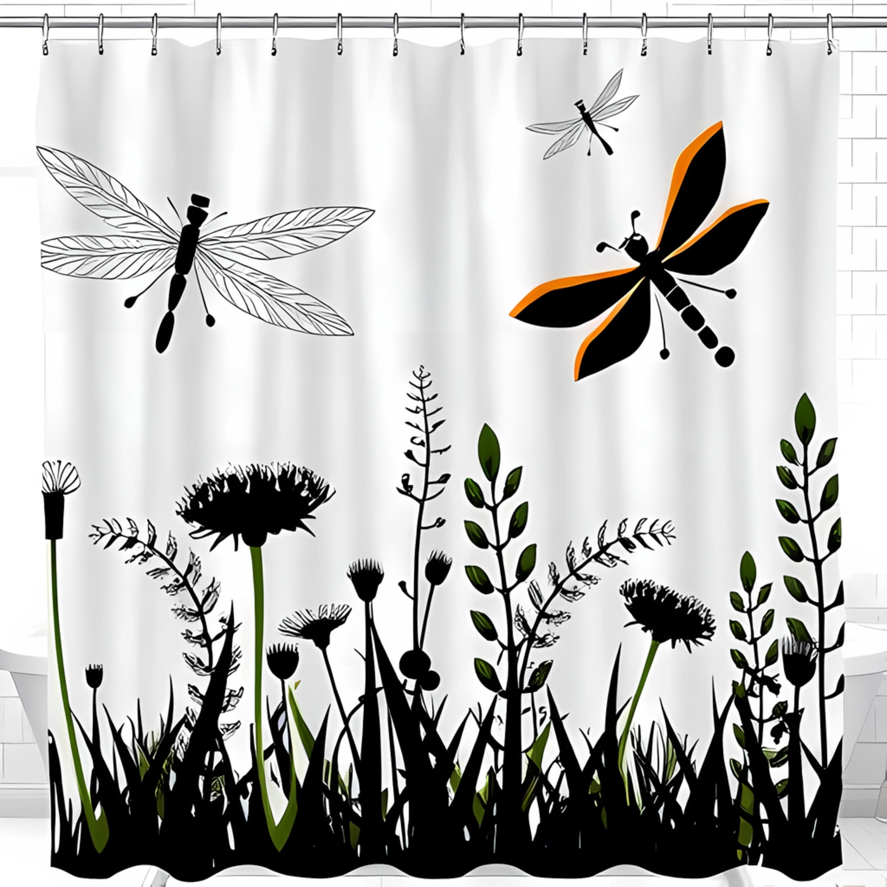 Nature-Inspired Shower Curtain with Dragonflies and Botanical Design ...
