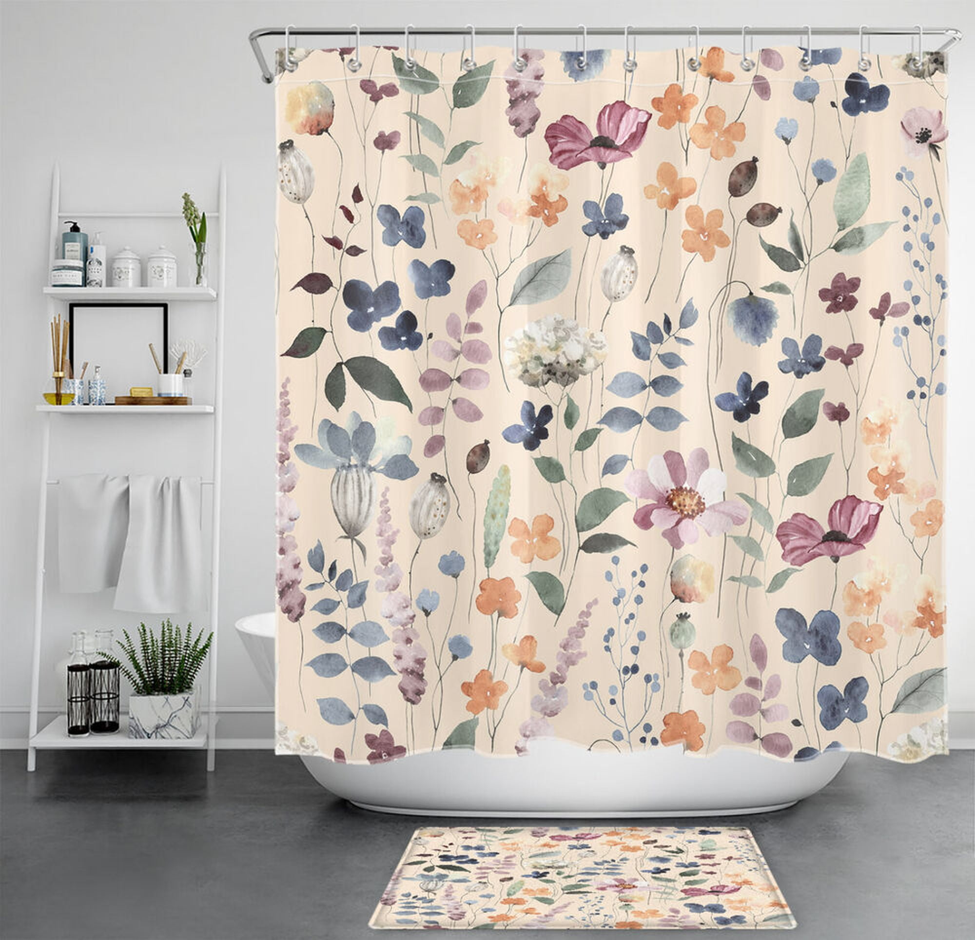 Nature Inspired Shower Refresh Beige And Blue Watercolor Leaf Curtain